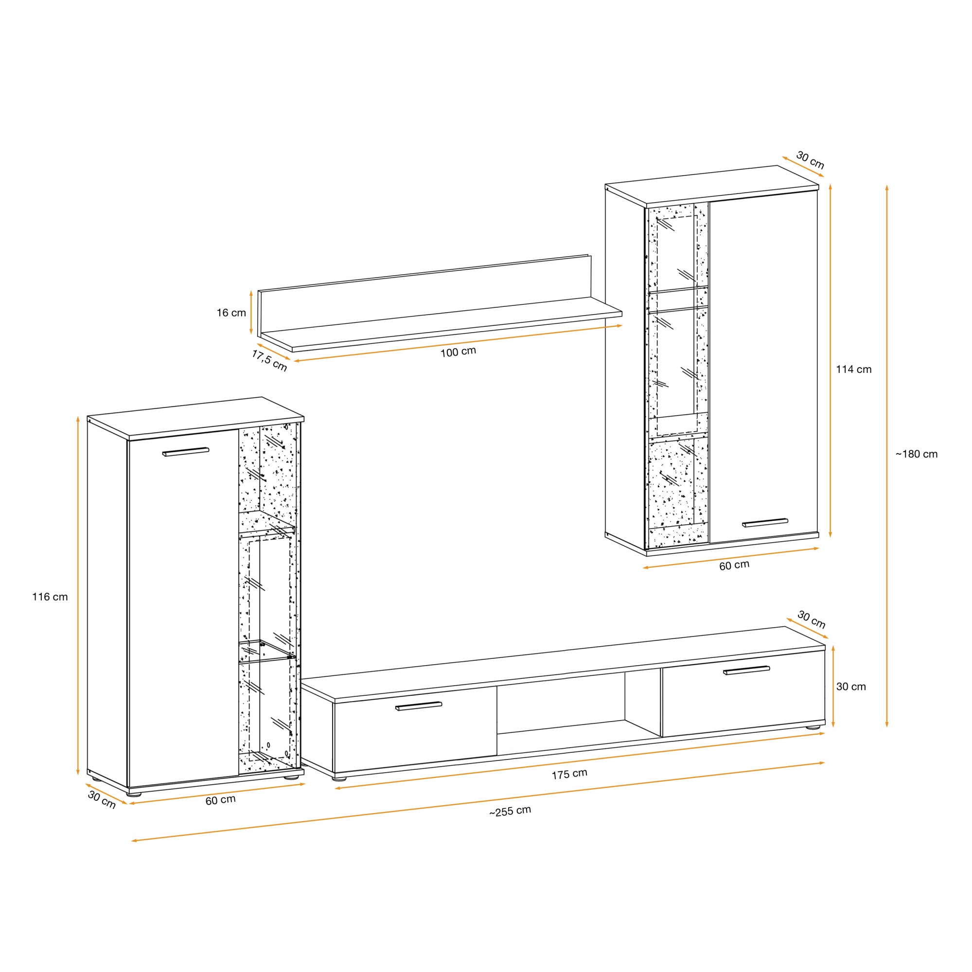 Set mobila living, modern, model riflaj printat, stejar/negru, vitrina ...