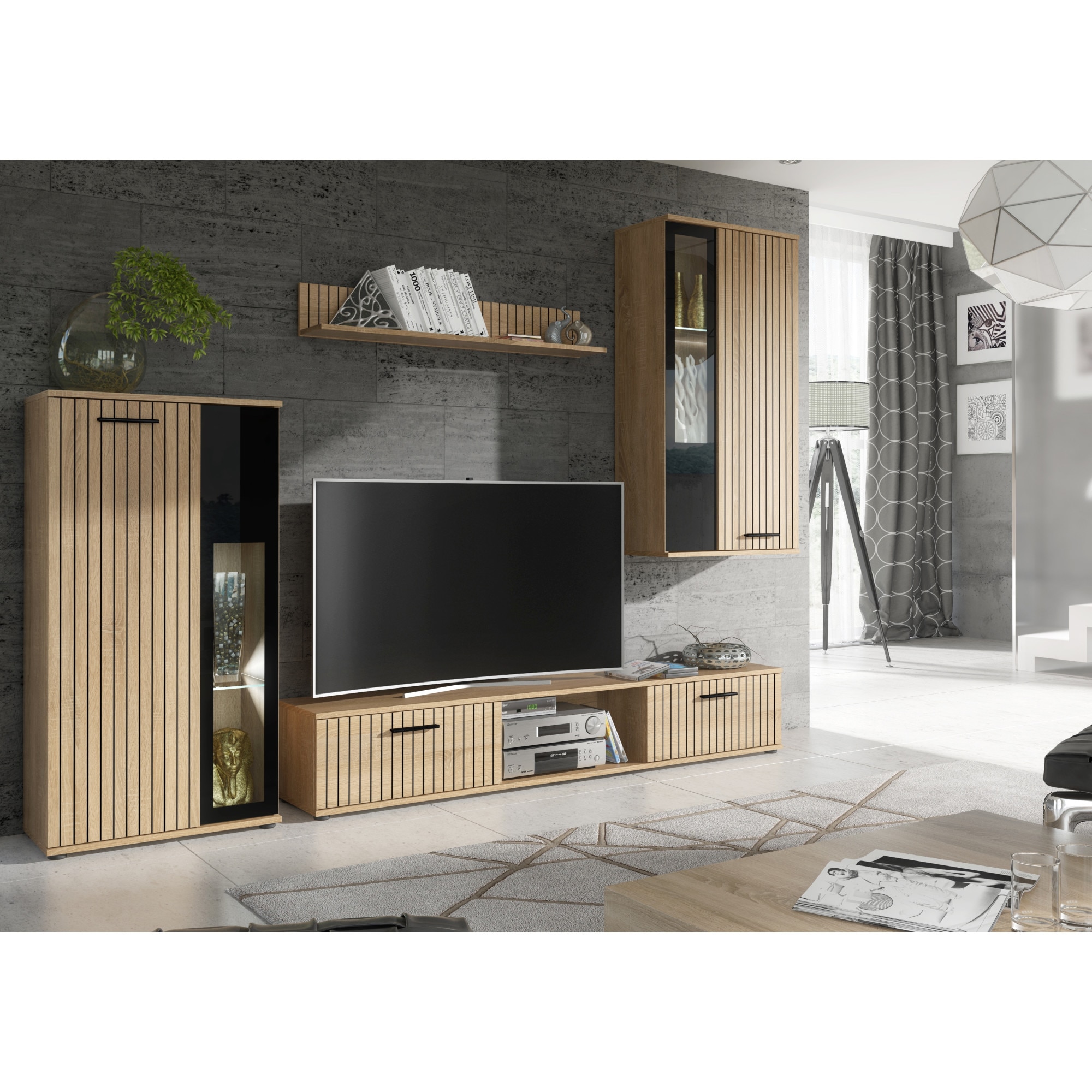 Set mobila living, modern, model riflaj printat, stejar/negru, vitrina ...
