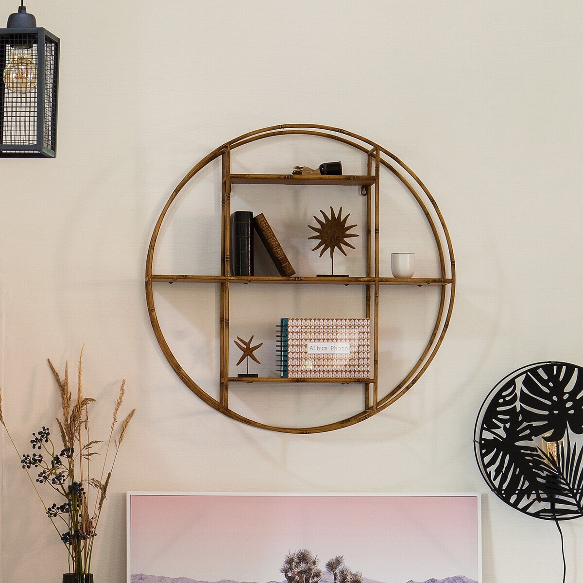 Raft de perete rotund, 3 polite din MDF, structura metalica tip bambus ...