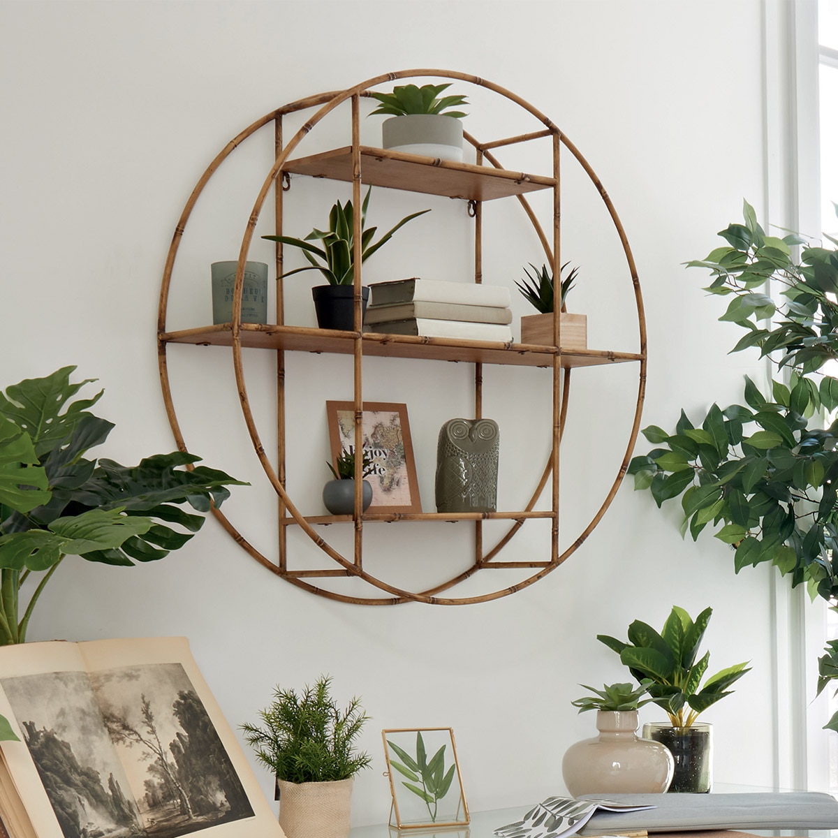 Raft de perete rotund, 3 polite din MDF, structura metalica tip bambus ...