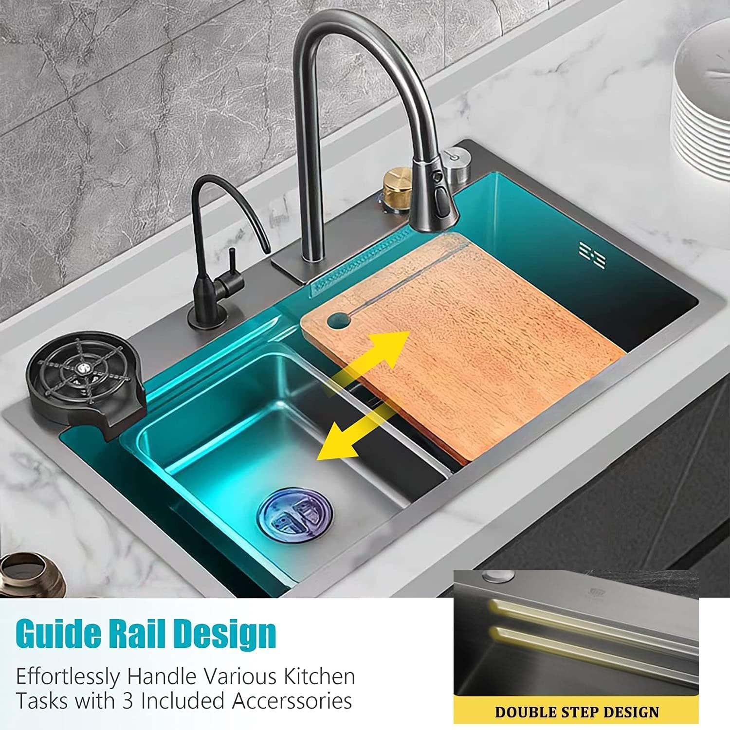 Chiuveta multifunctionala de bucatarie, cascada, dus extractabil cu 3 ...