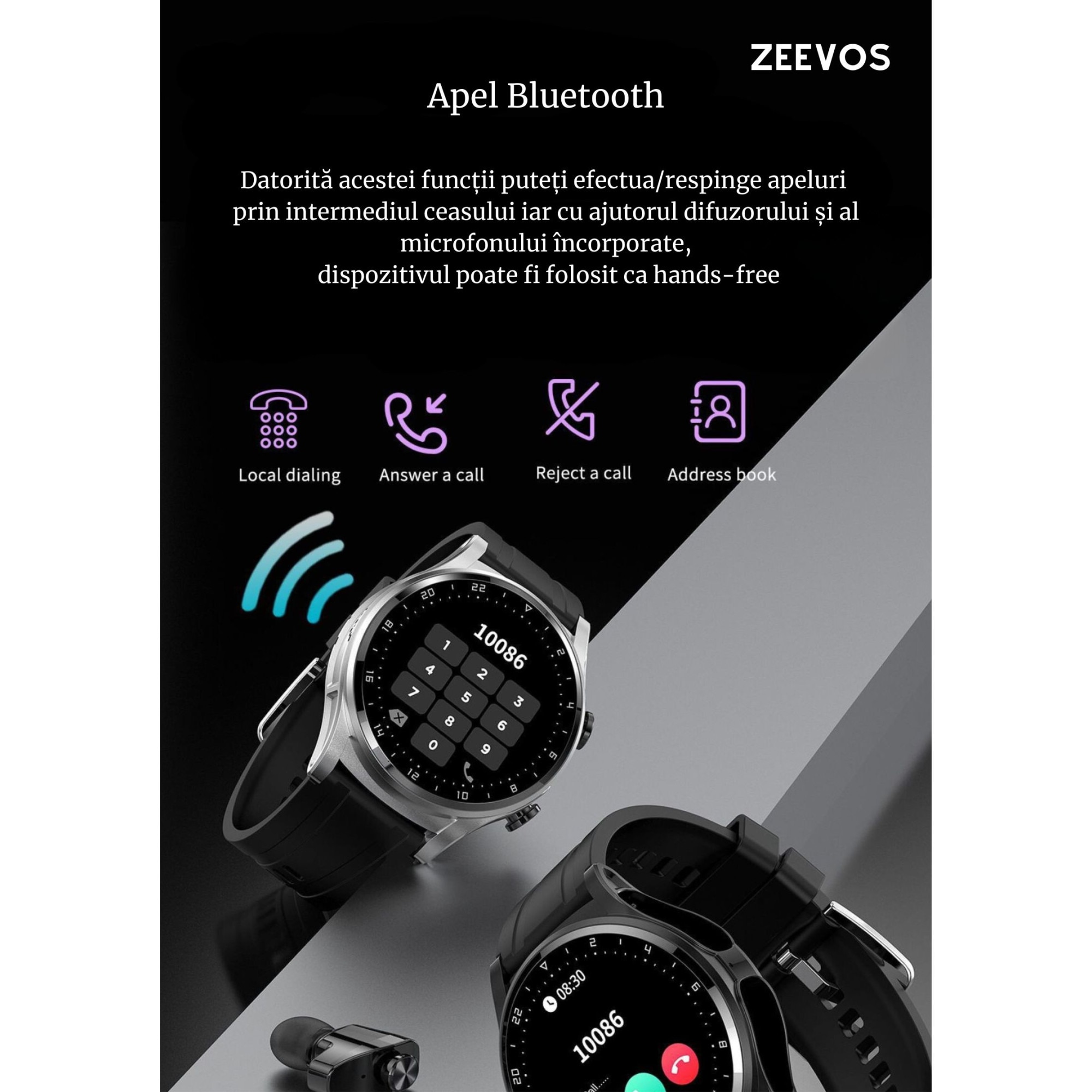 Ceas smartwatch cu casti bluetooth incorporate, ZEEVOS, monitorizare ...