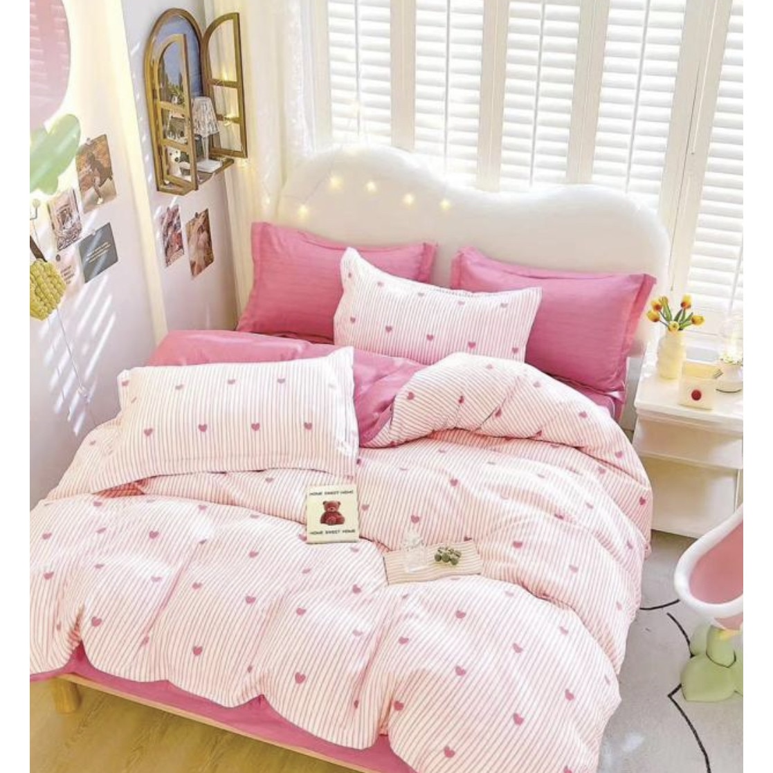 Set Lenjerie de pat dublu cu Elastic, 2 Persoane, 6 Piese, Pucioasa ...