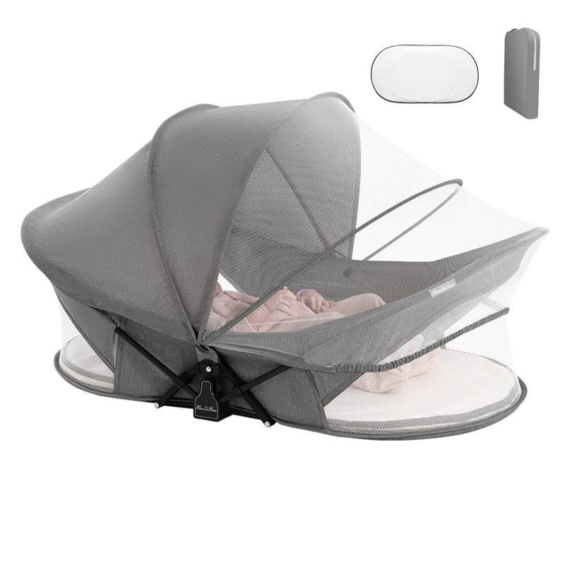 Patut pliabil bebe, Senmase, PVC/Plasa, 50×50×8cm, Gri - eMAG.ro