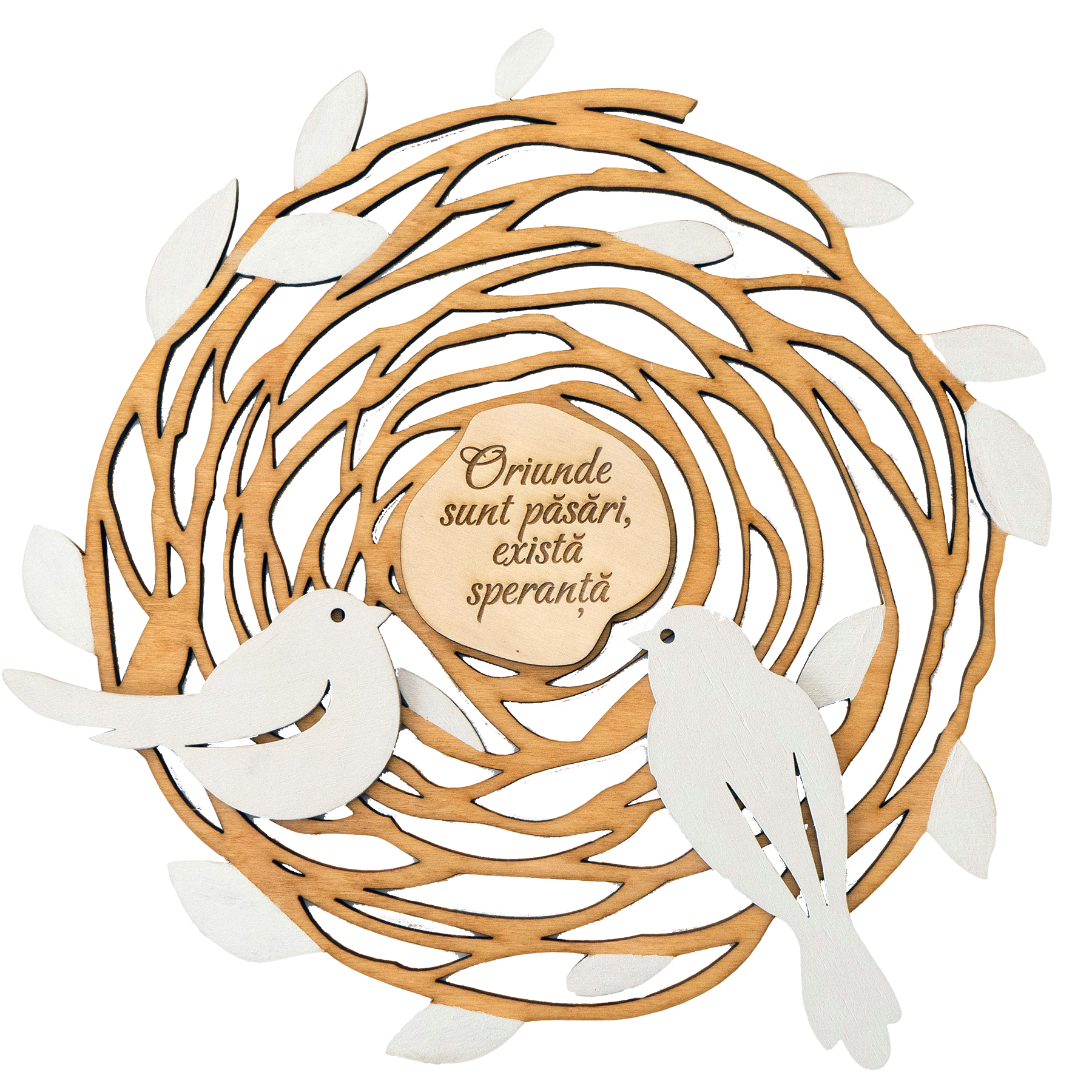 Decor perete Cuib de pasare cu mesaj, 30cm x 30cm, din lemn de 4mm ...