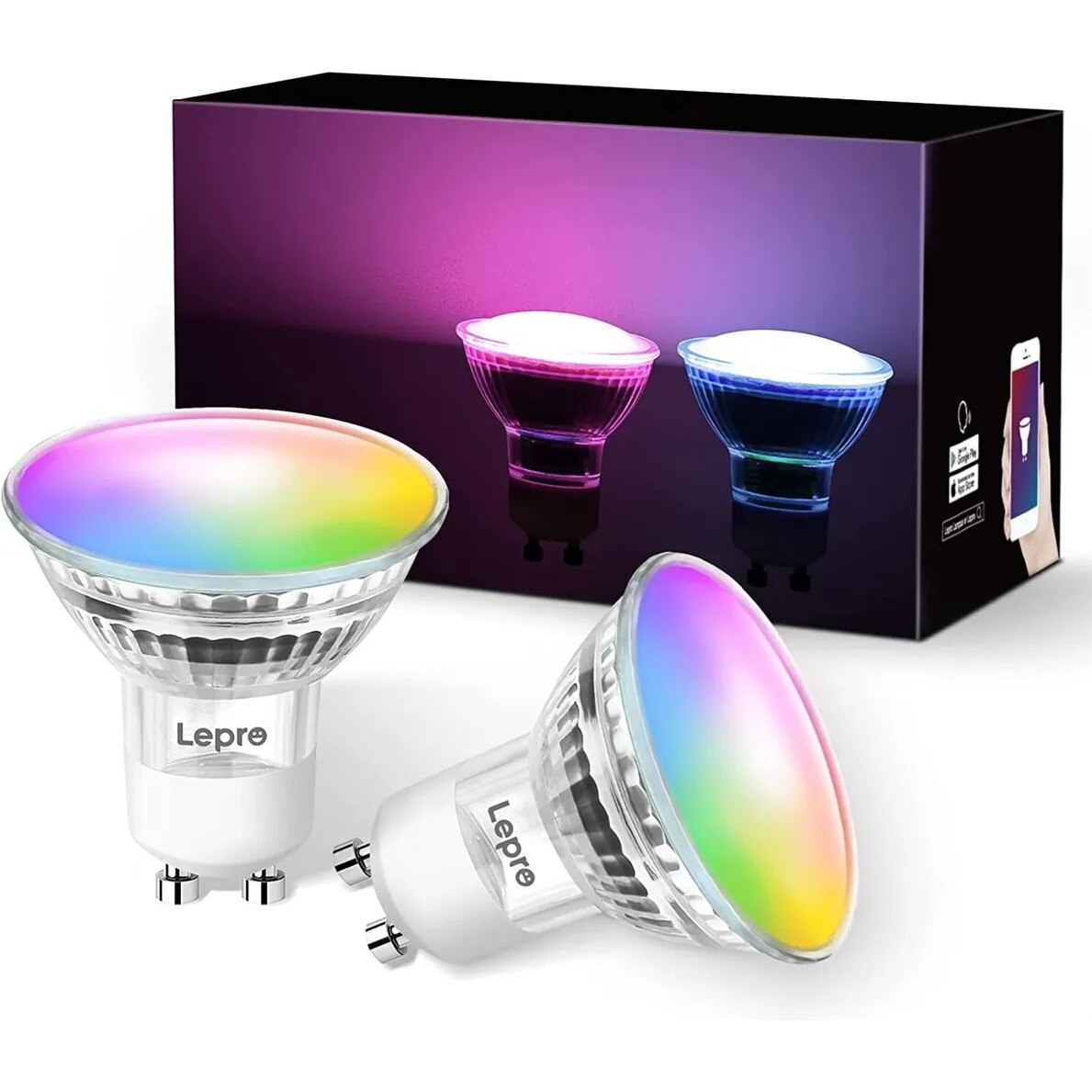 Комплект 2 смарт rgb led крушки, цокъл GU10, 4.5W, 385lm, 2700k-6500k ...