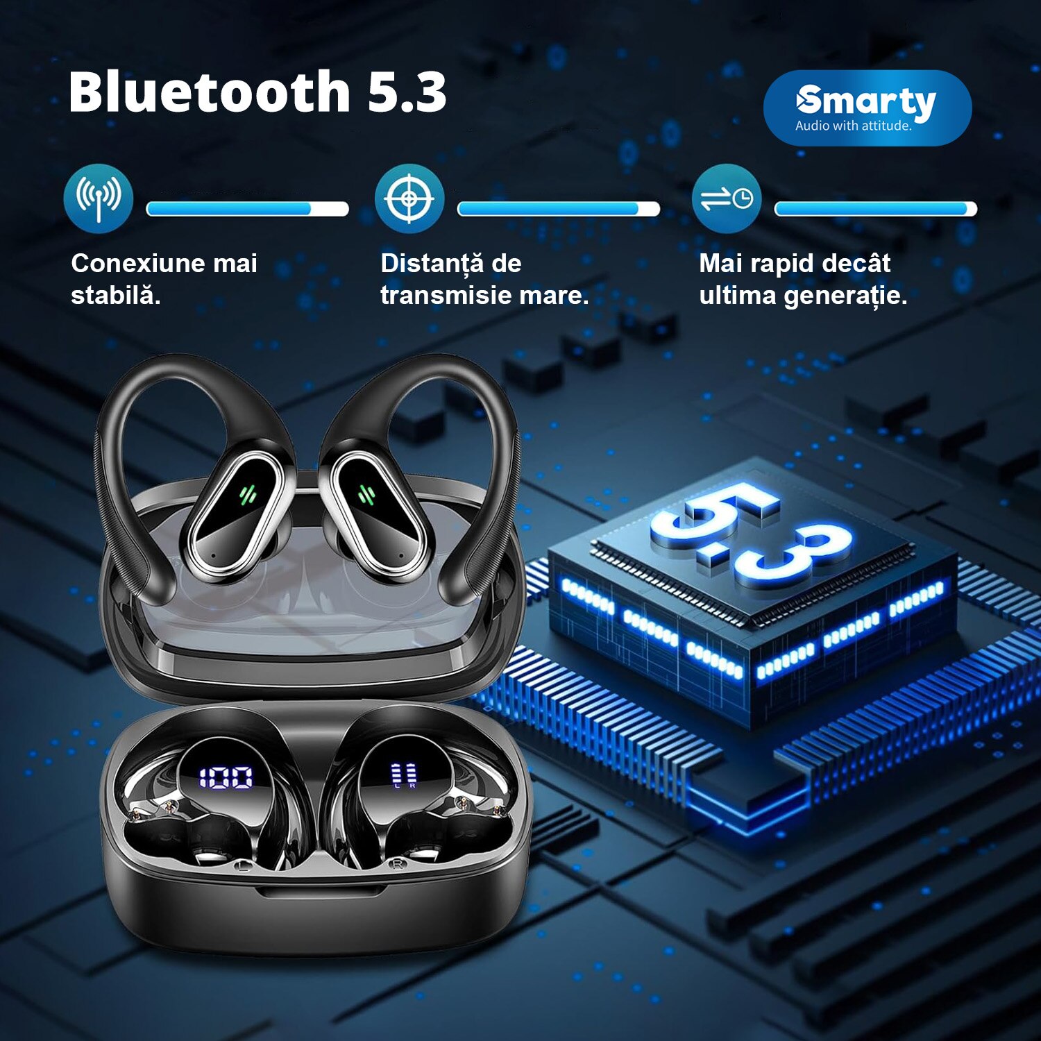 Casti audio wireless Smarty® Sport Q78, fara fir, carcasa de incarcare ...