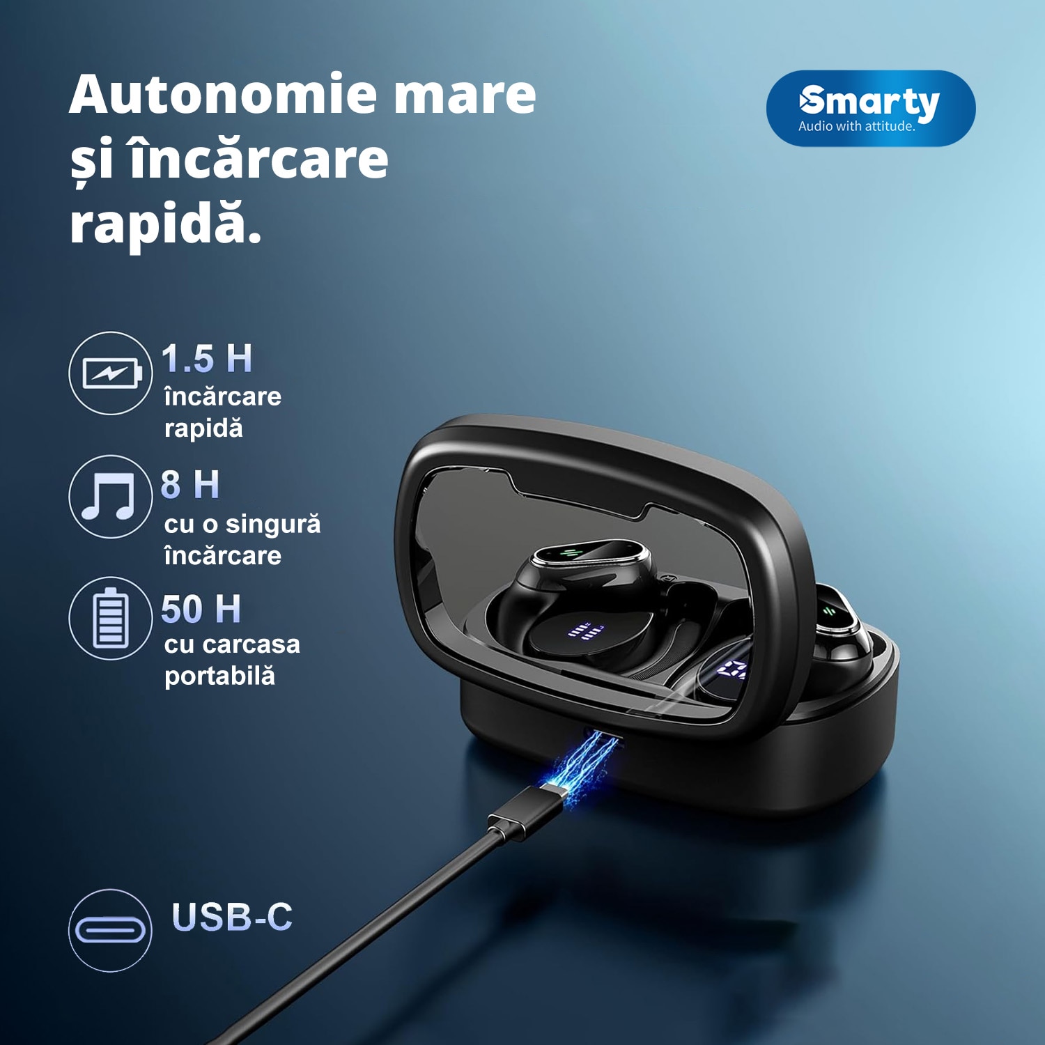 Casti audio wireless Smarty® Sport Q78, fara fir, carcasa de incarcare ...