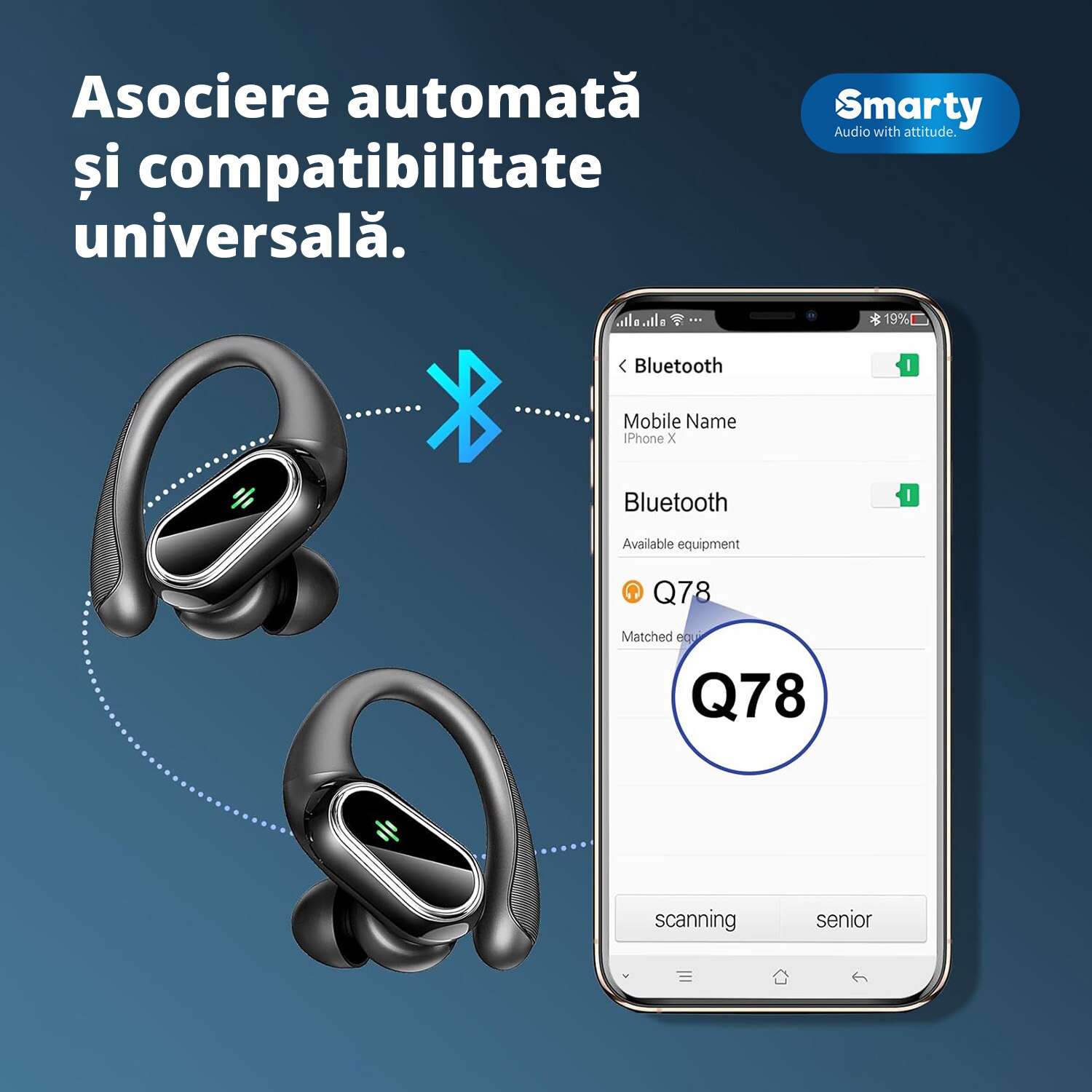 Casti audio wireless Smarty® Sport Q78, fara fir, carcasa de incarcare ...