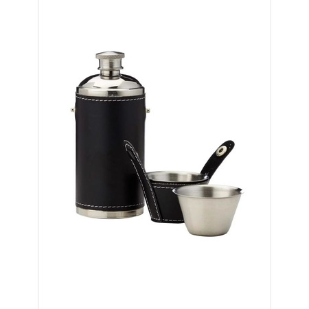 Plosca din inox in toc din piele ecologica neagra, 2 pahare, usor de ...