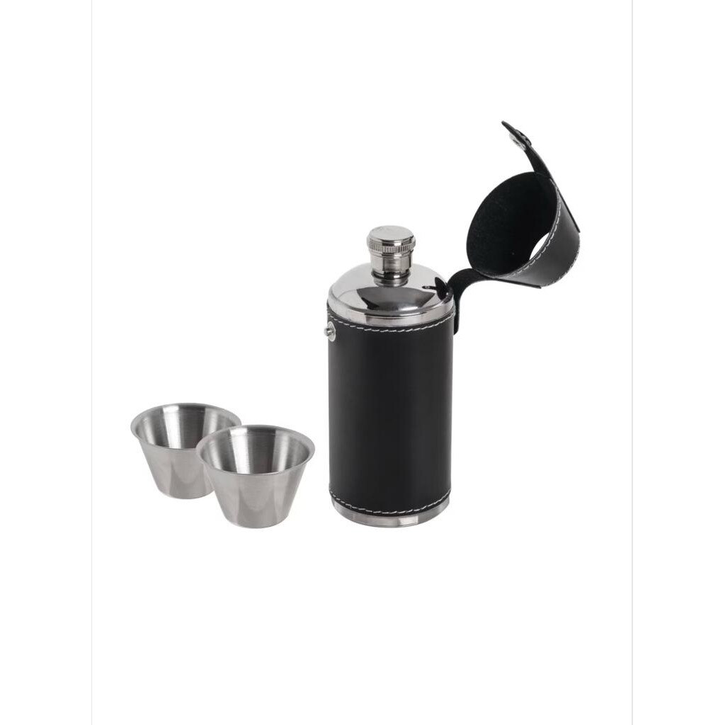 Plosca din inox in toc din piele ecologica neagra, 2 pahare, usor de ...