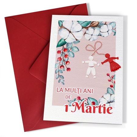 Felicitare pliata 1 Martie 10x15 cm cu plic rosu inclus, carton ...