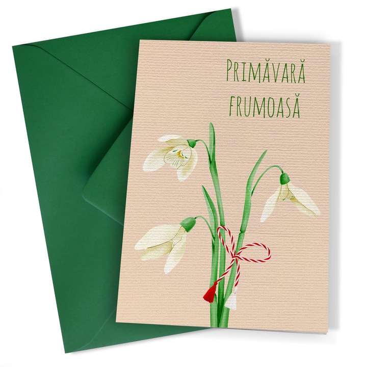 Felicitare pliata 1 Martie 10x15 cm cu plic verde inclus, carton ...