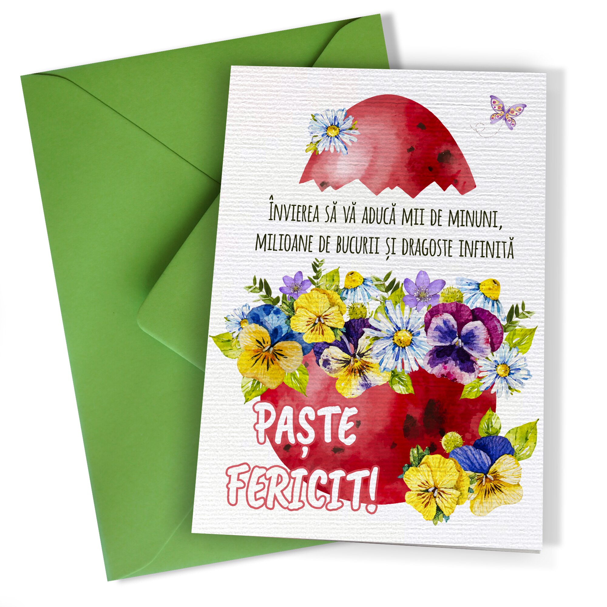 Felicitare pliata Paste 10x15 cm cu plic verde inclus, carton texturat ...