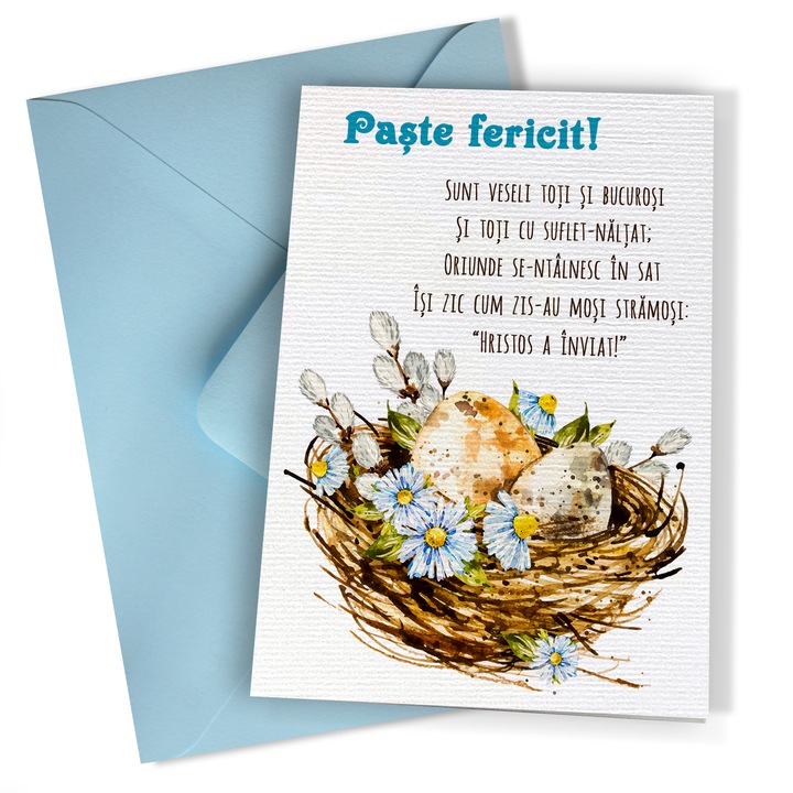 Felicitare pliata Paste 10x15 cm cu plic albastru inclus, carton ...