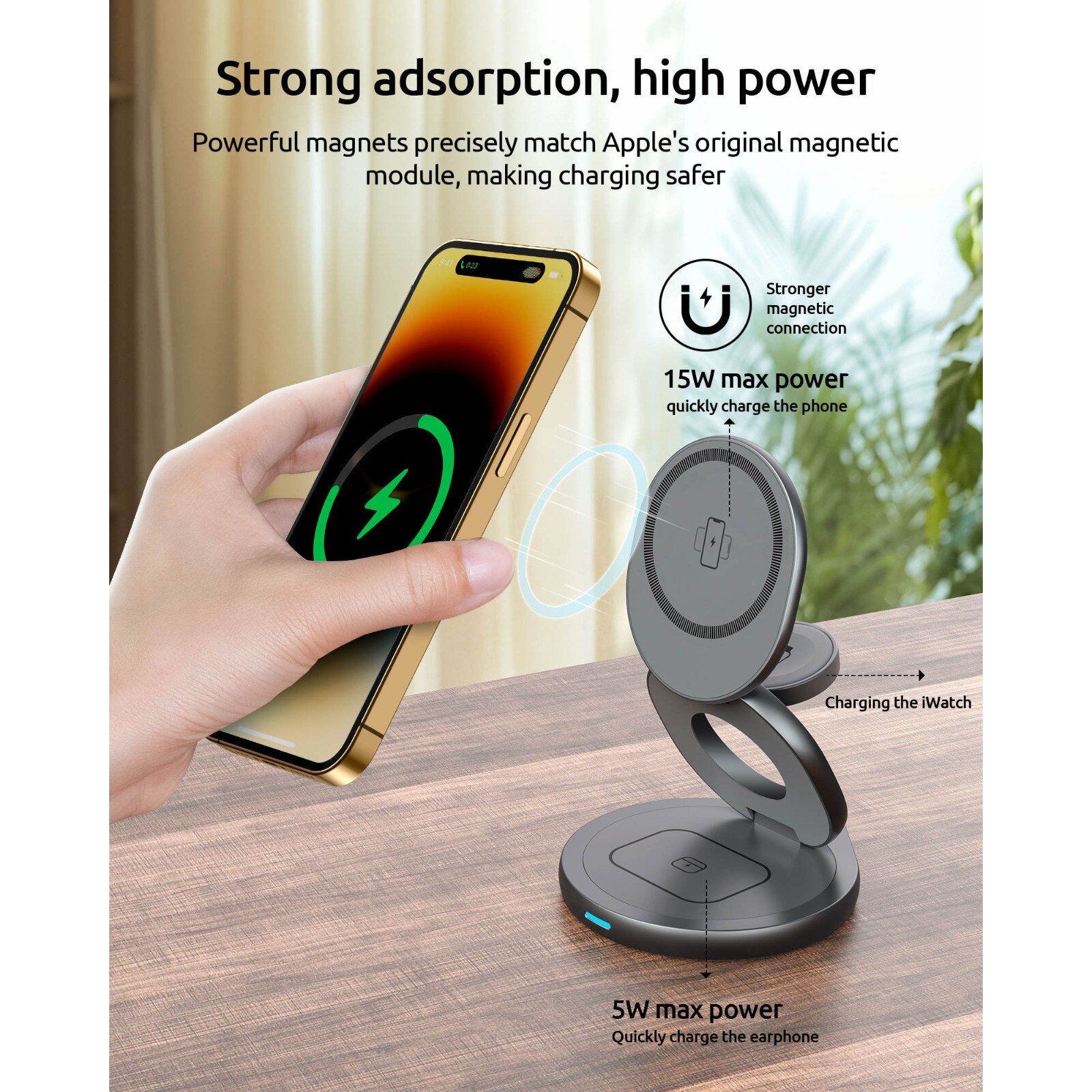 Incarcator Wireless pliabil 3 in 1, MagSafe, Multifunctional, 15W, Gri ...