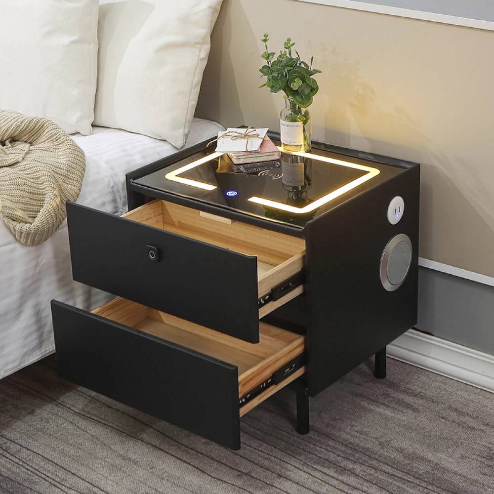 Noptiera inteligenta multifunctionala, 2 sertare, blocare cu amprenta, LED-uri tactile, 3 tipuri ...