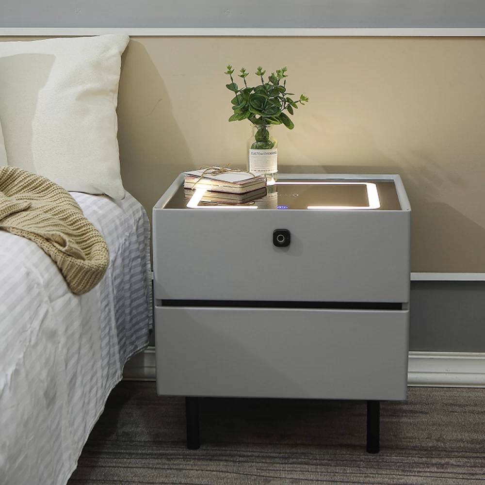 Noptiera inteligenta multifunctionala, 2 sertare, blocare cu amprenta, LED-uri tactile, 3 tipuri ...