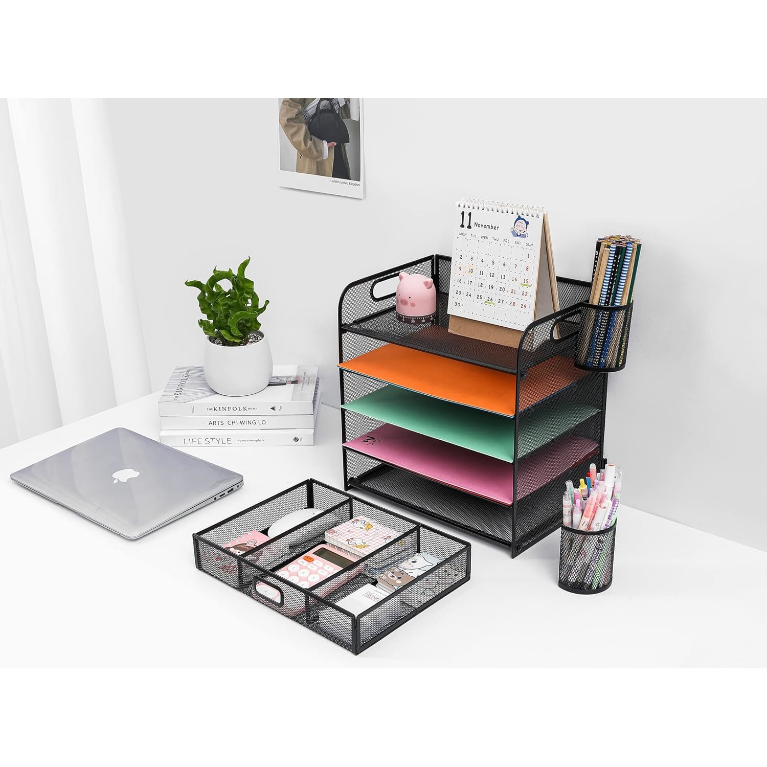 Organizator birou, 5 compartimente, Cu sertare, MunDeir®, Negru - eMAG.ro