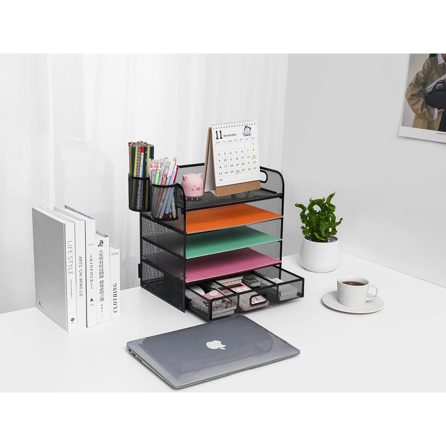 Organizator birou, 5 compartimente, Cu sertare, MunDeir®, Negru - eMAG.ro
