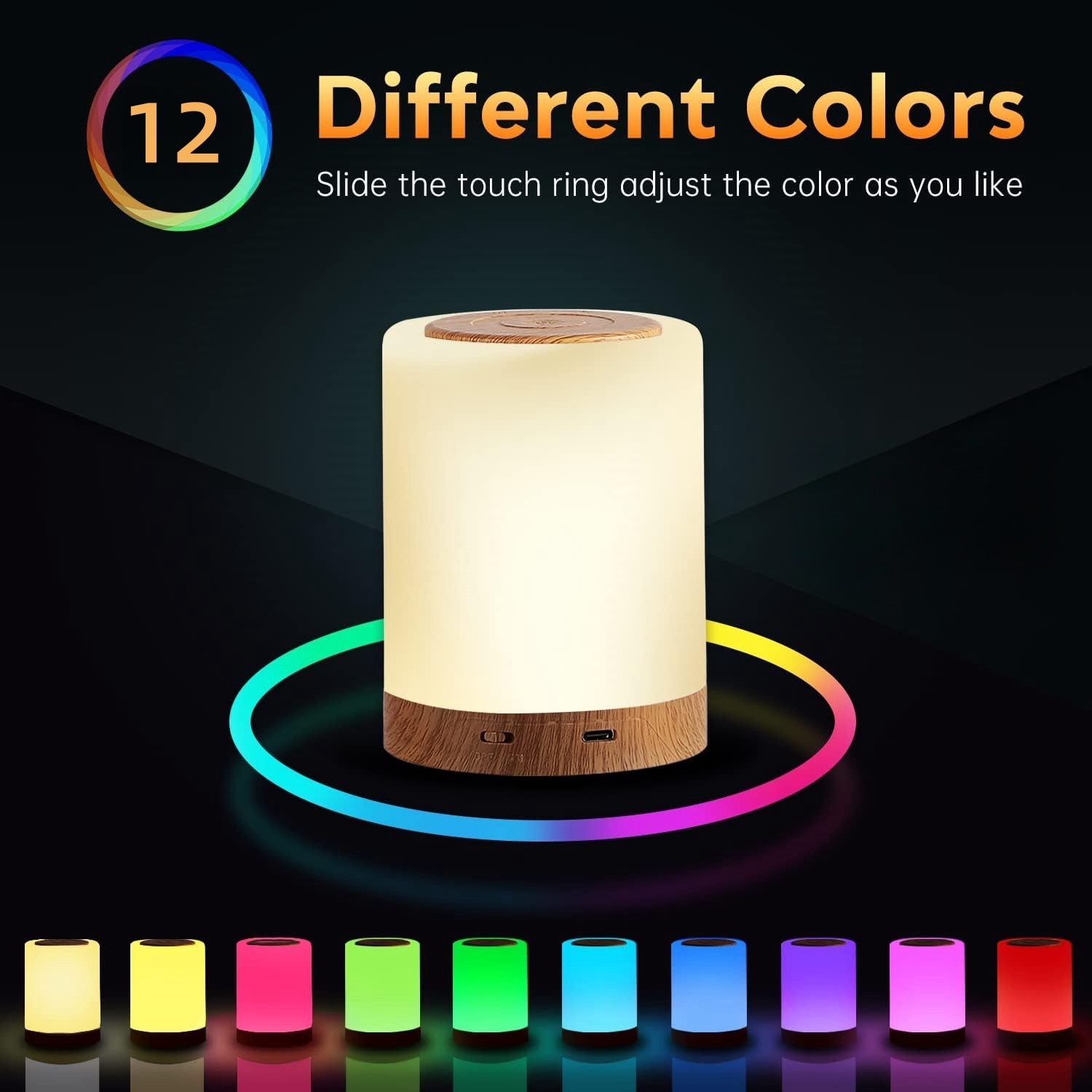 Ébresztőlámpa érintésvezérléssel, Újratölthető, LED, 10 szín és 4 mód ...