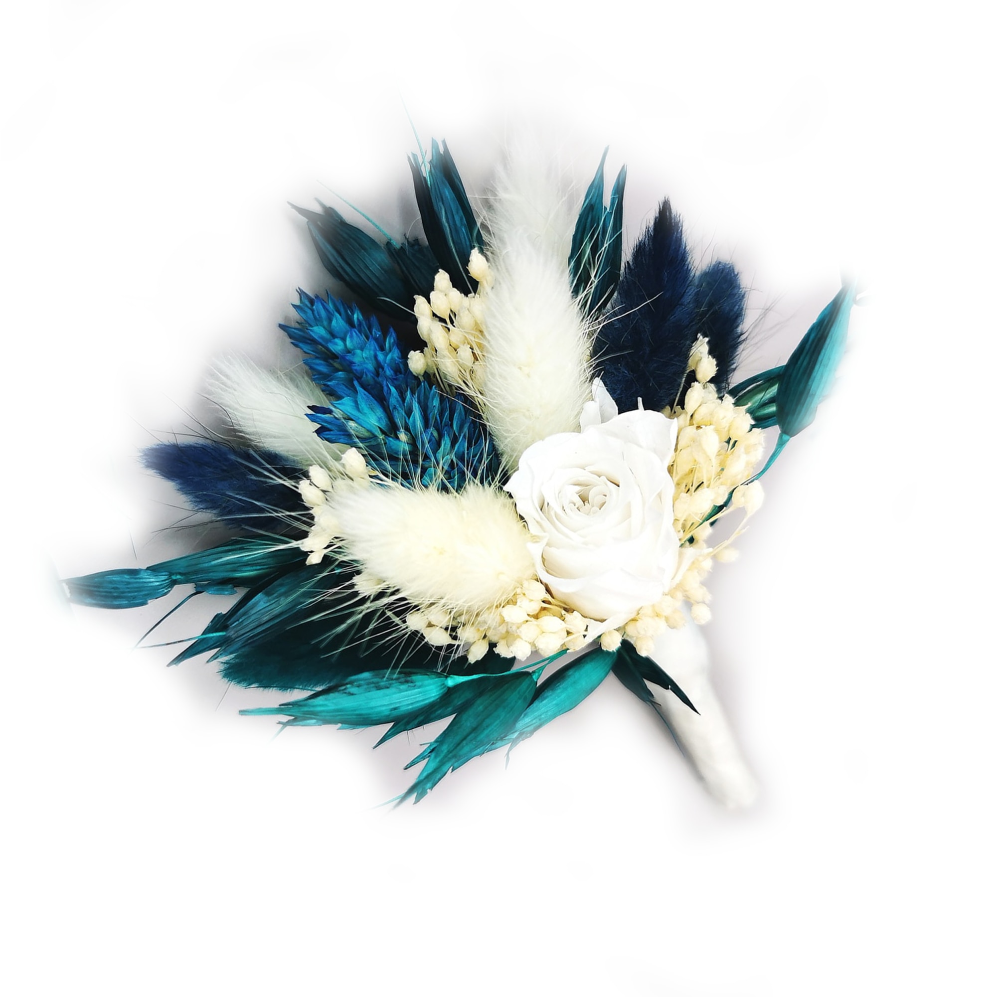 Cocarda, Floare de piept, Mini roza criogenata si plante uscate, Alb ...