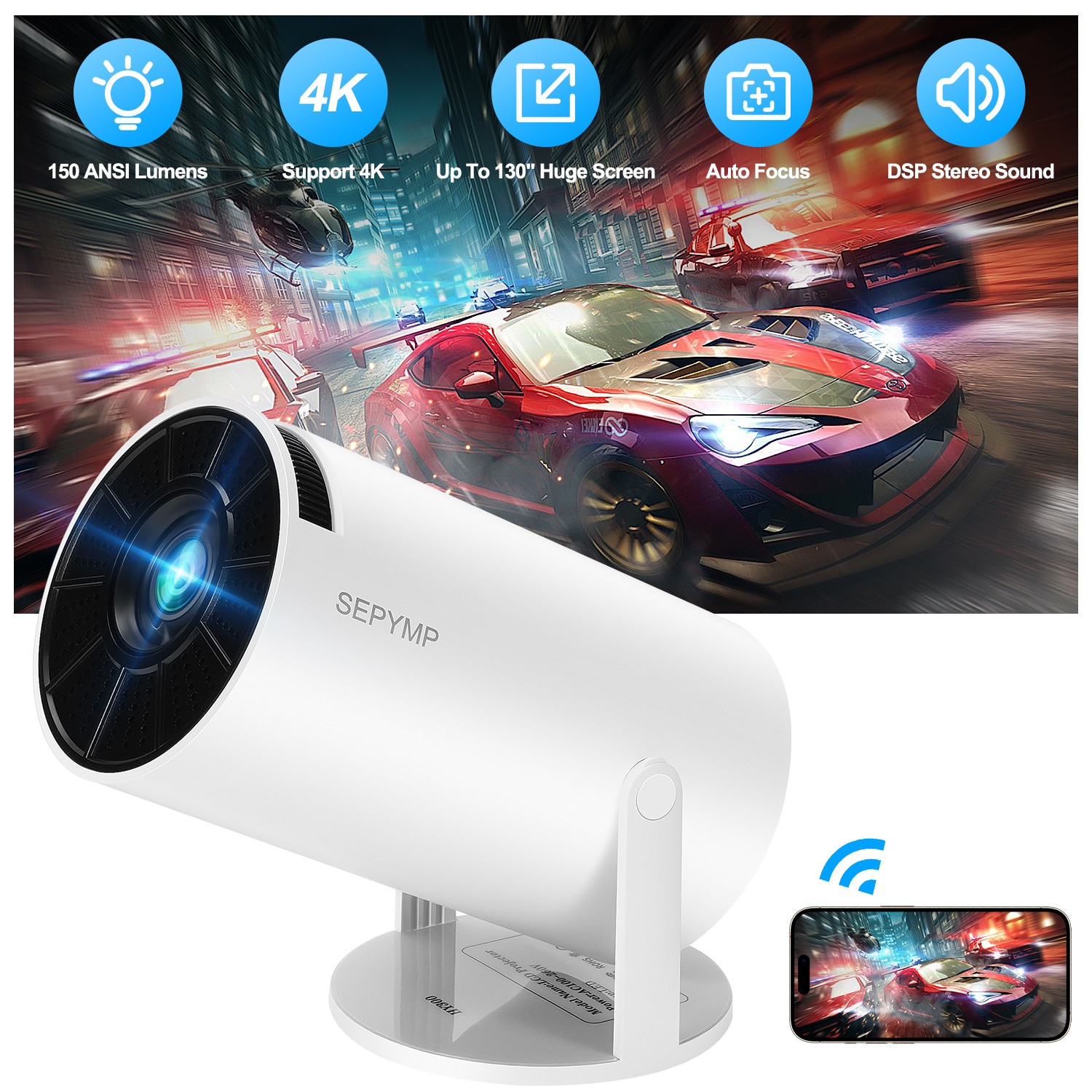 Videoproiector portabil SEPYMP, 6000 lumeni, cu Android 12, Wi-Fi 6, BT ...