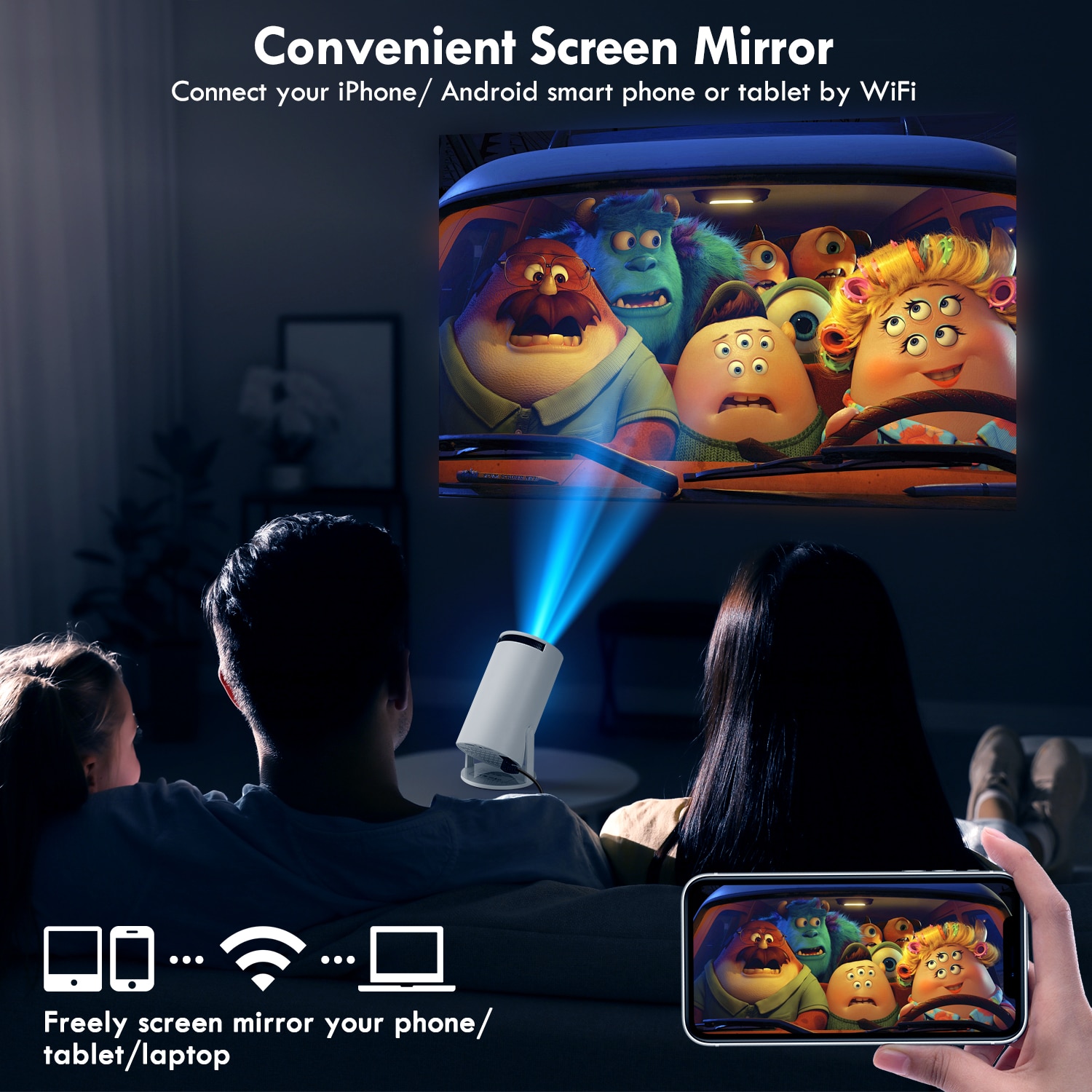 Videoproiector portabil, 6000 lumeni, cu Android 12, Wi-Fi 6, BT 5.0 ...