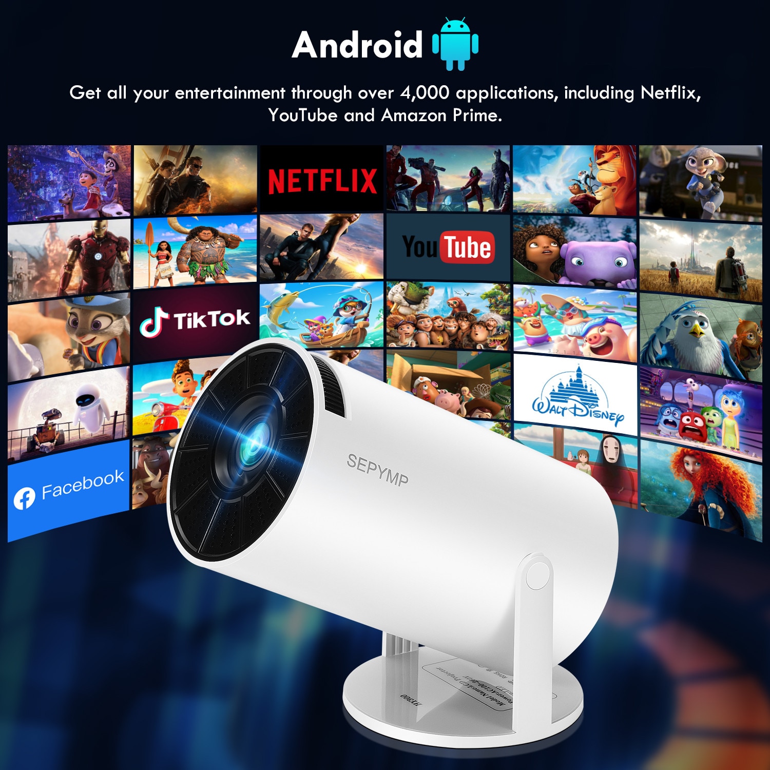 Videoproiector portabil SEPYMP, 6000 lumeni, cu Android 12, Wi-Fi 6, BT ...
