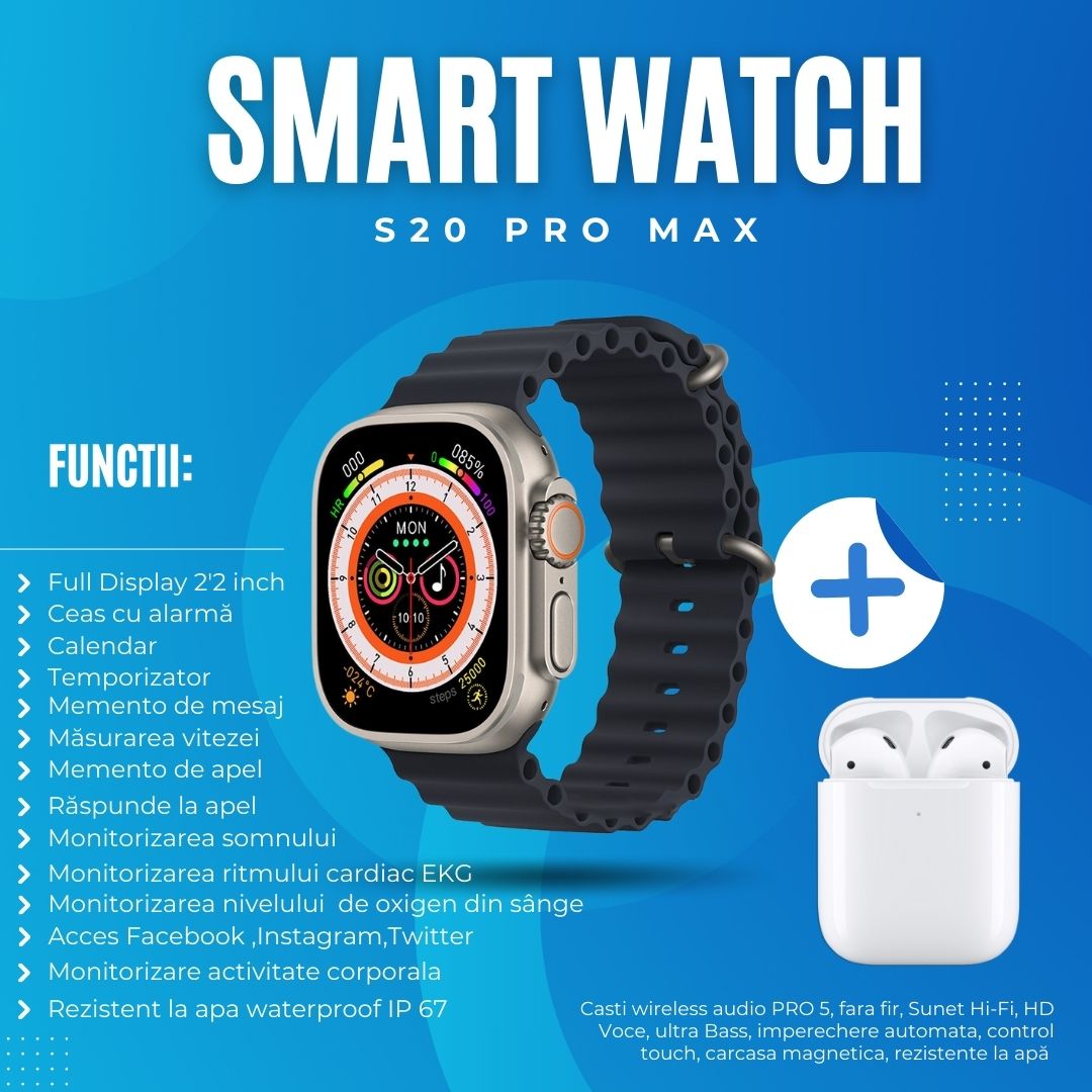 Set Complet Casti Wireless si Ceas Smart Watch, S20 PROMAX 2.2 inch Amoled Sapphire Crystal ...
