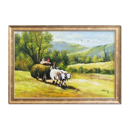 Tablou pictat manual inramat living, Artnova, Carul cu boi, 65x45cm ulei panza, reproducere ...