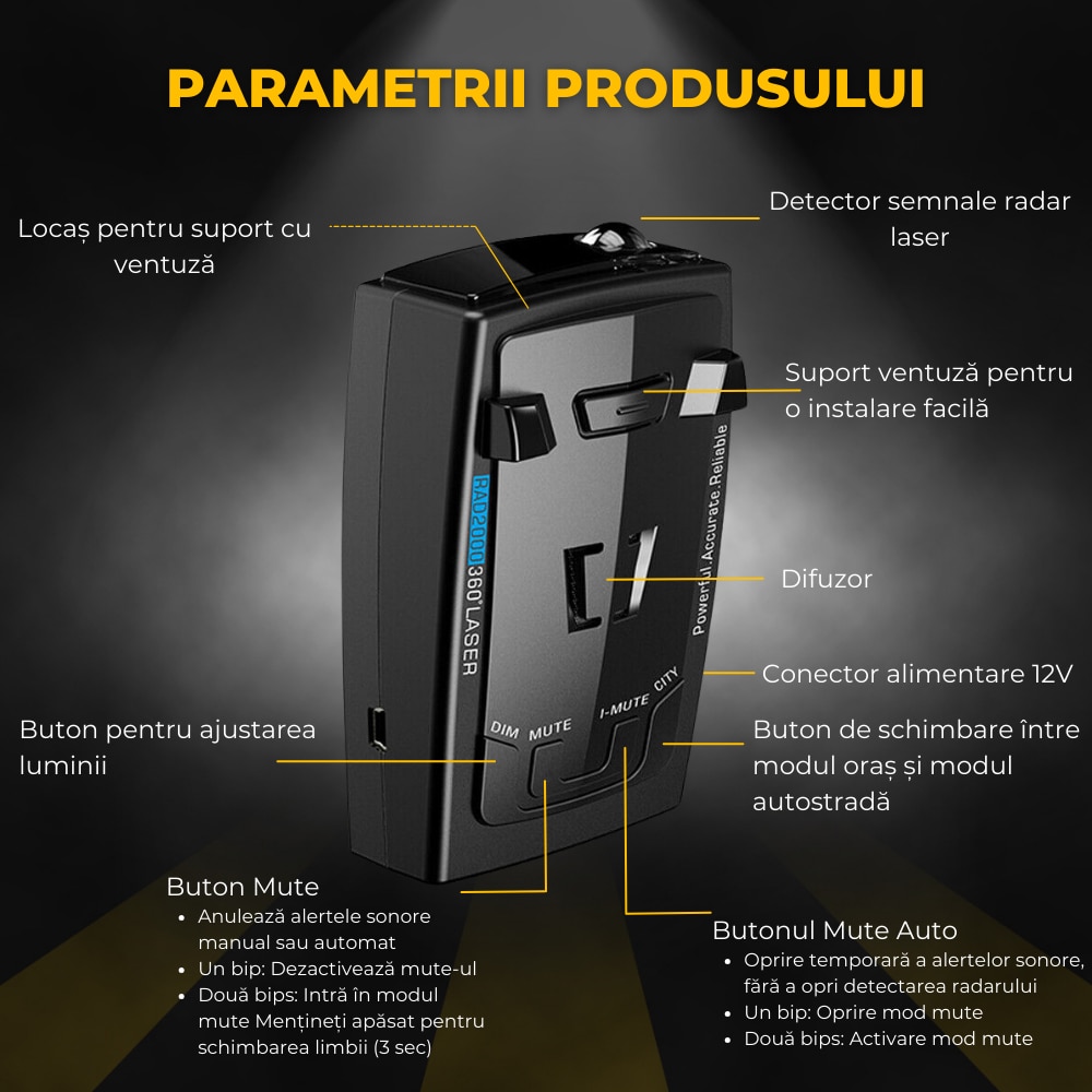 Detector de Radar Profesional NovEterna® RAD2000, 16 Benzi, Avertizare ...