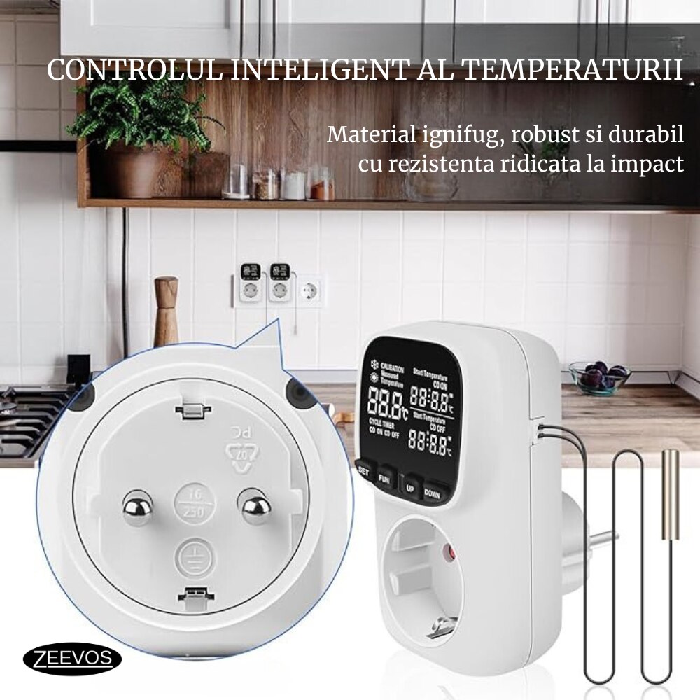 Priza inteligenta cu termostat, ZEEVOS, programabila, cu senzor de temperatura, pentru controlul ...