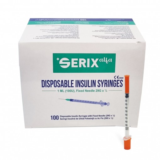 Set 100 Seringi Insulina 1 ml (100u) cu Ac Fix 29G x 1/2 SERIX - eMAG.ro