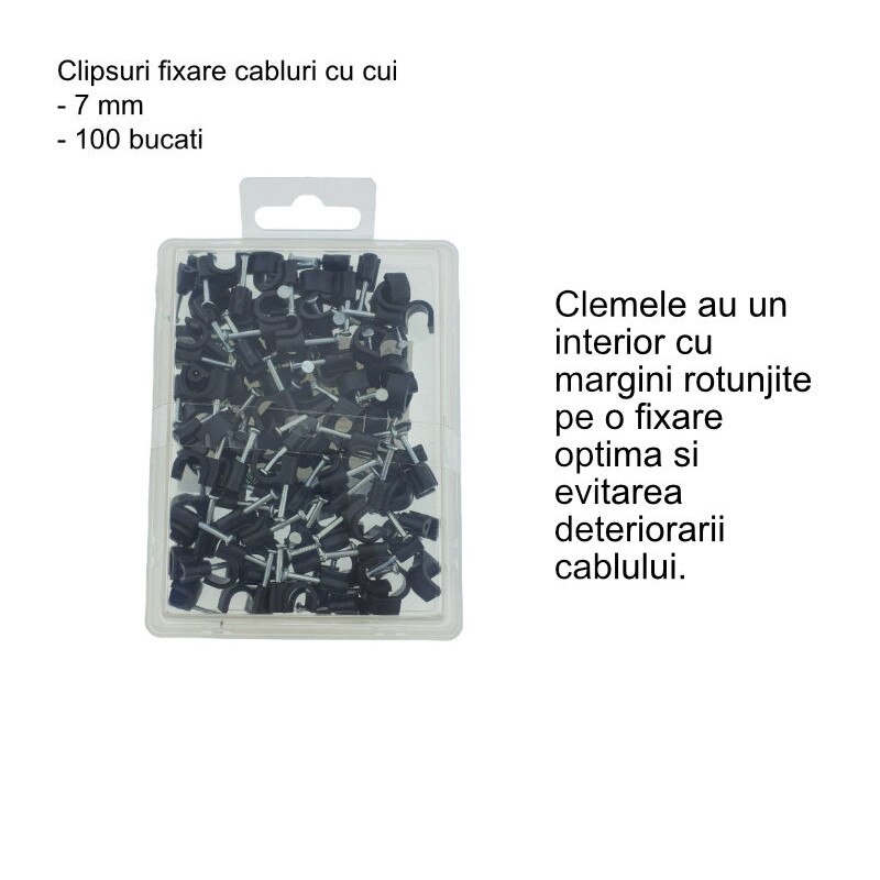 Set 100 bucati cleme cablu 7mm, cui de otel 18mm, pentru prindere si ...