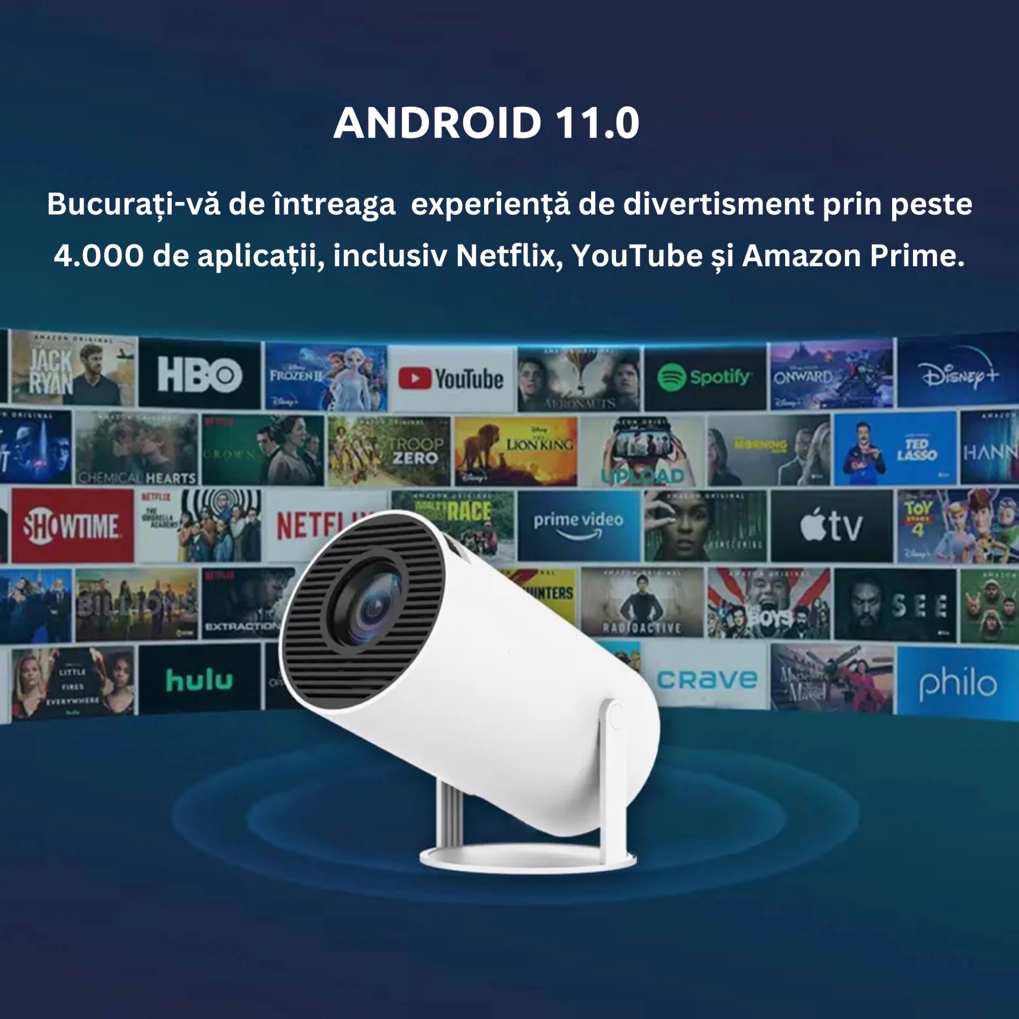 Преносим интелигентен LED видео проектор, 4K UltraHD, Android 11 ...