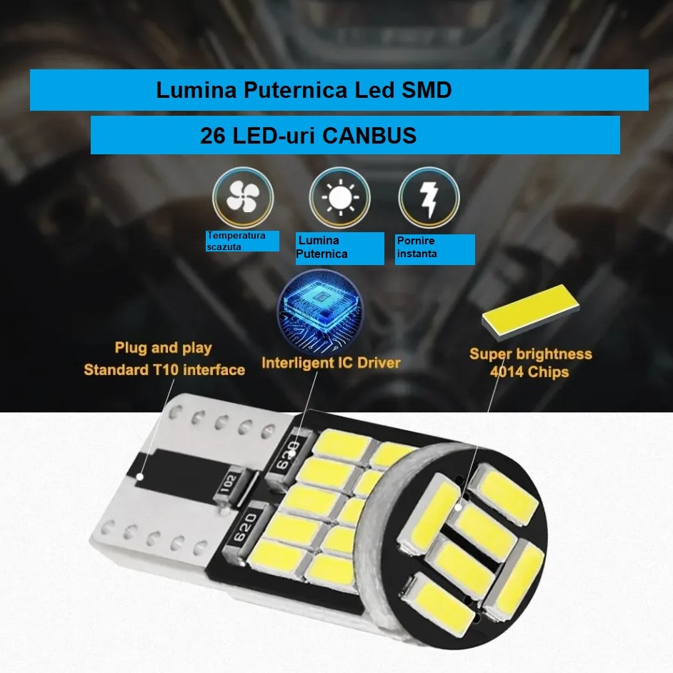 Set 2 becuri CANBUS LED T10 W5W SMD 12V, Aluminiu, Alb Xenon, pentru torpedou, lumini pozitii ...