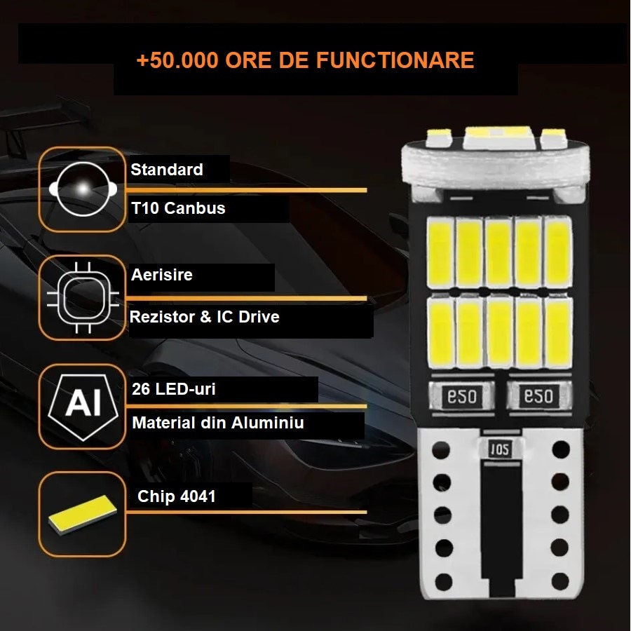 Set 2 becuri CANBUS LED T10 W5W SMD 12V, Aluminiu, Alb Xenon, pentru ...