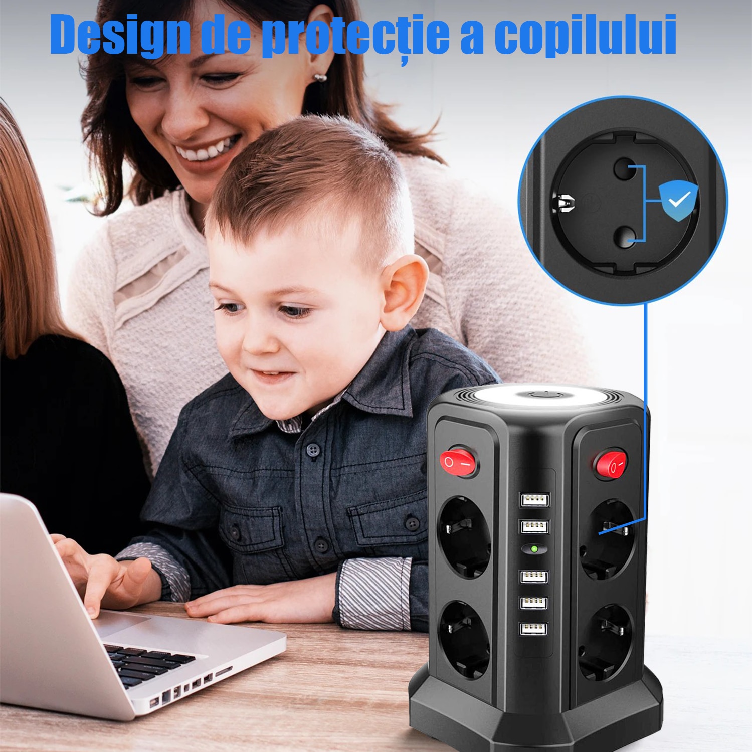 Prelungitor tip turn 2500W, BYONDSELF®, 5 USB/8 Prize/4 Comutator ...