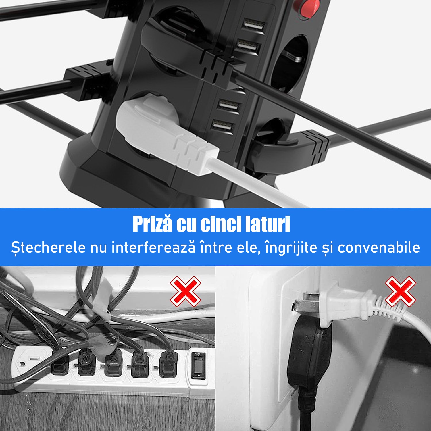 Prelungitor tip turn 2500W, BYONDSELF®, 5 USB/8 Prize/4 Comutator ...