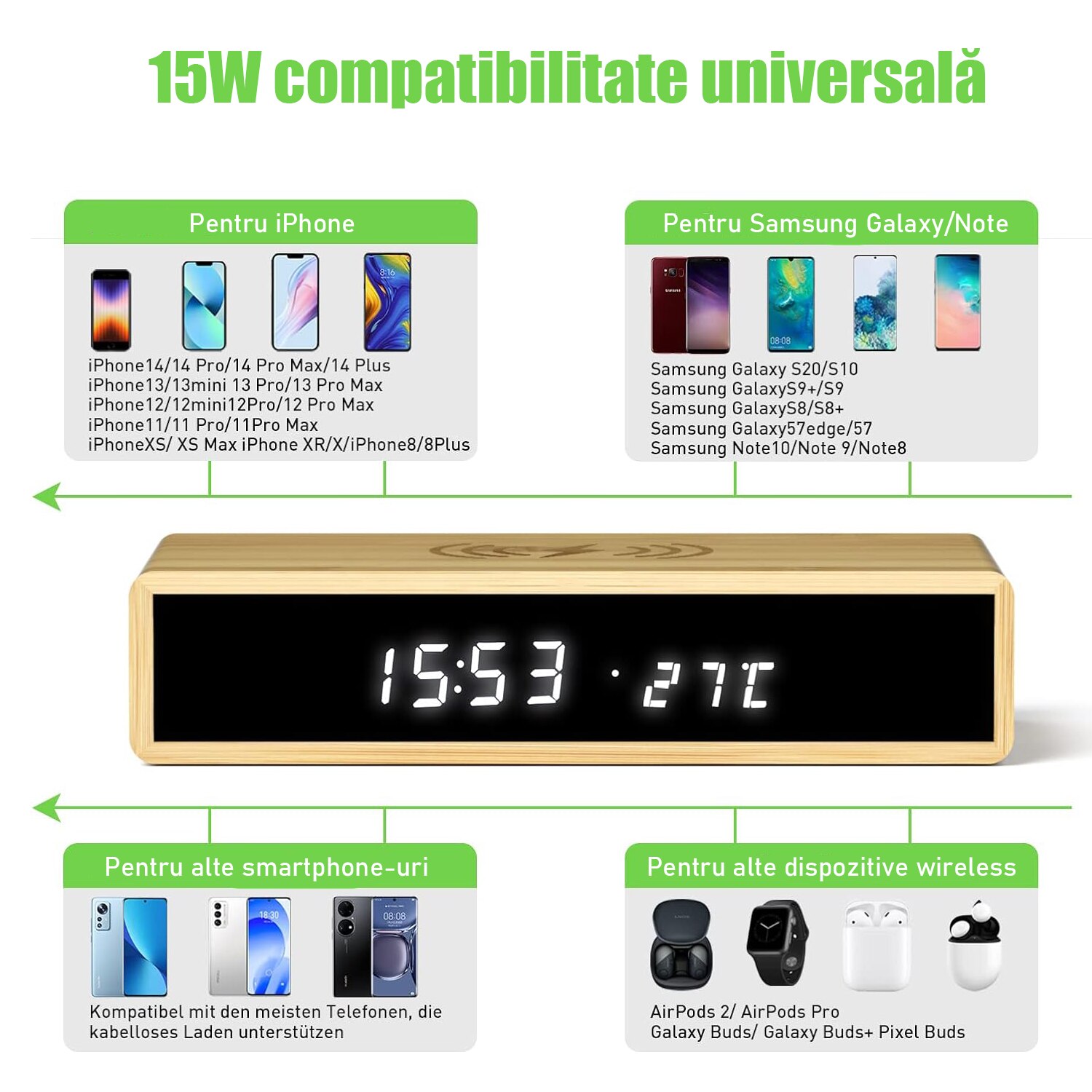 Ceas digital LED din lemn, cu Incarcator wireless 15 W, BYONDSELF ...