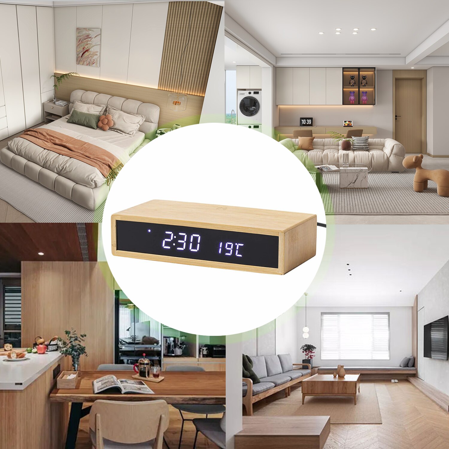 Ceas digital LED din lemn, cu Incarcator wireless 15 W, BYONDSELF ...