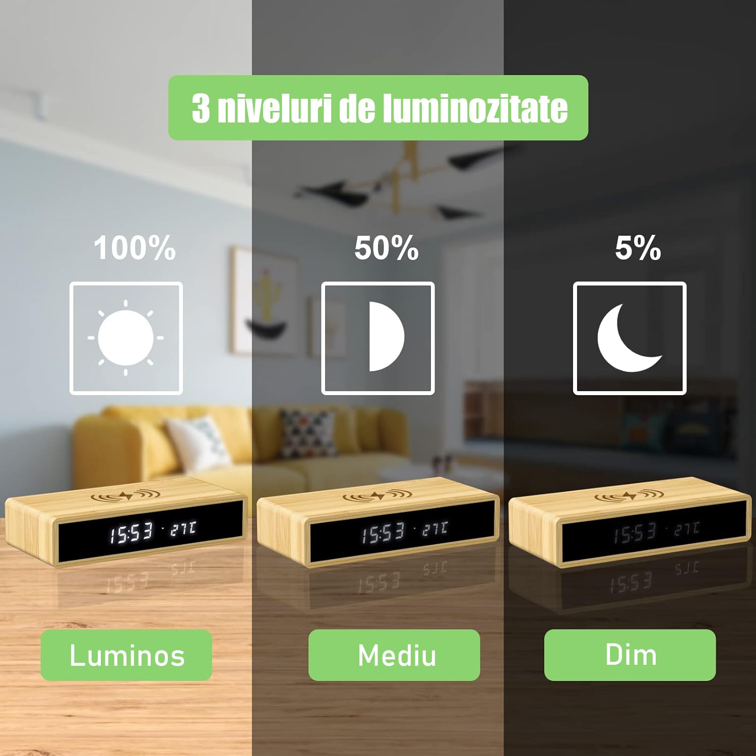 Ceas digital LED din lemn, cu Incarcator wireless 15 W, BYONDSELF ...