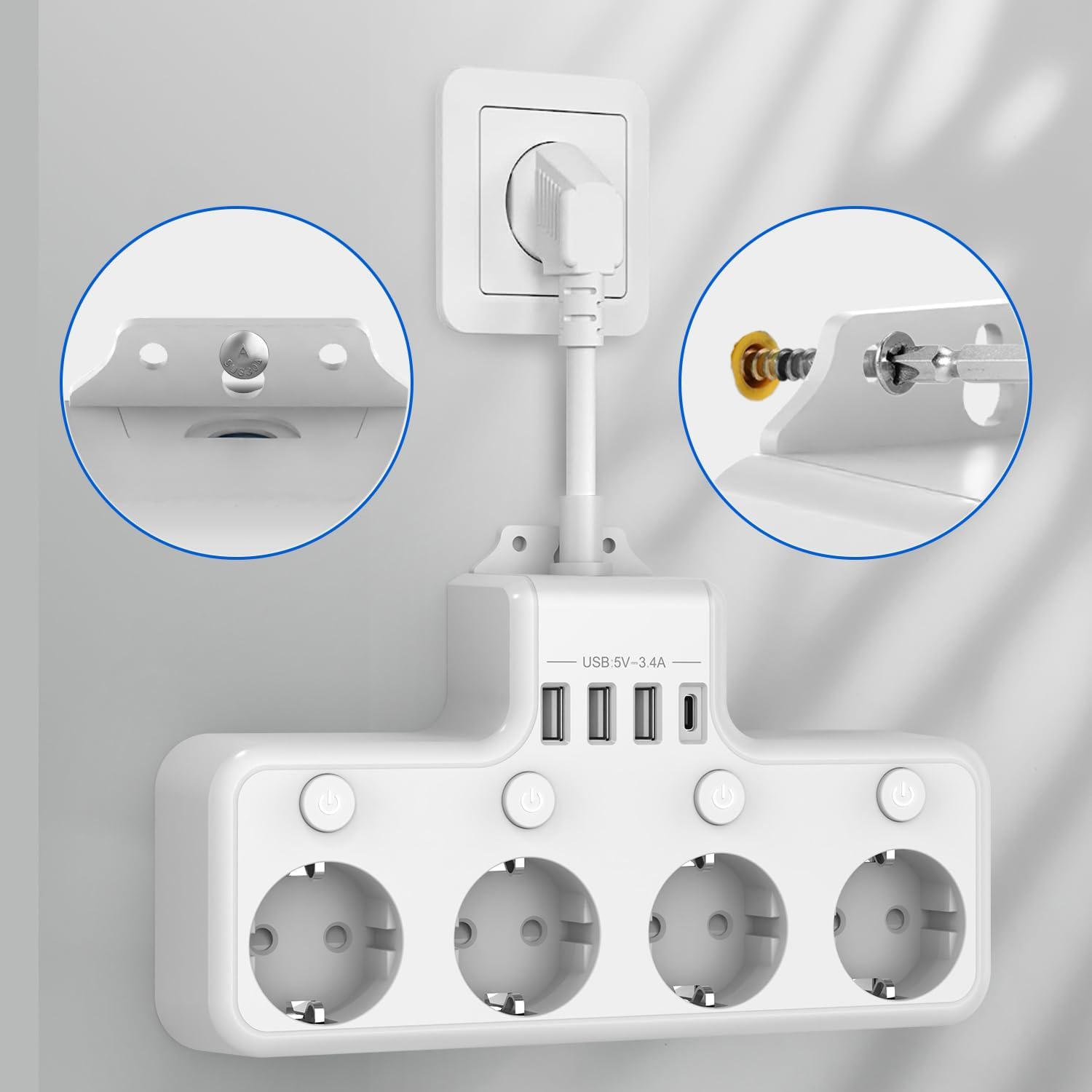 Prelungitor 4000W, 4 Prize/3 USB-A/1 USB-C, BYONDSELF®, 4 Intrerupator ...