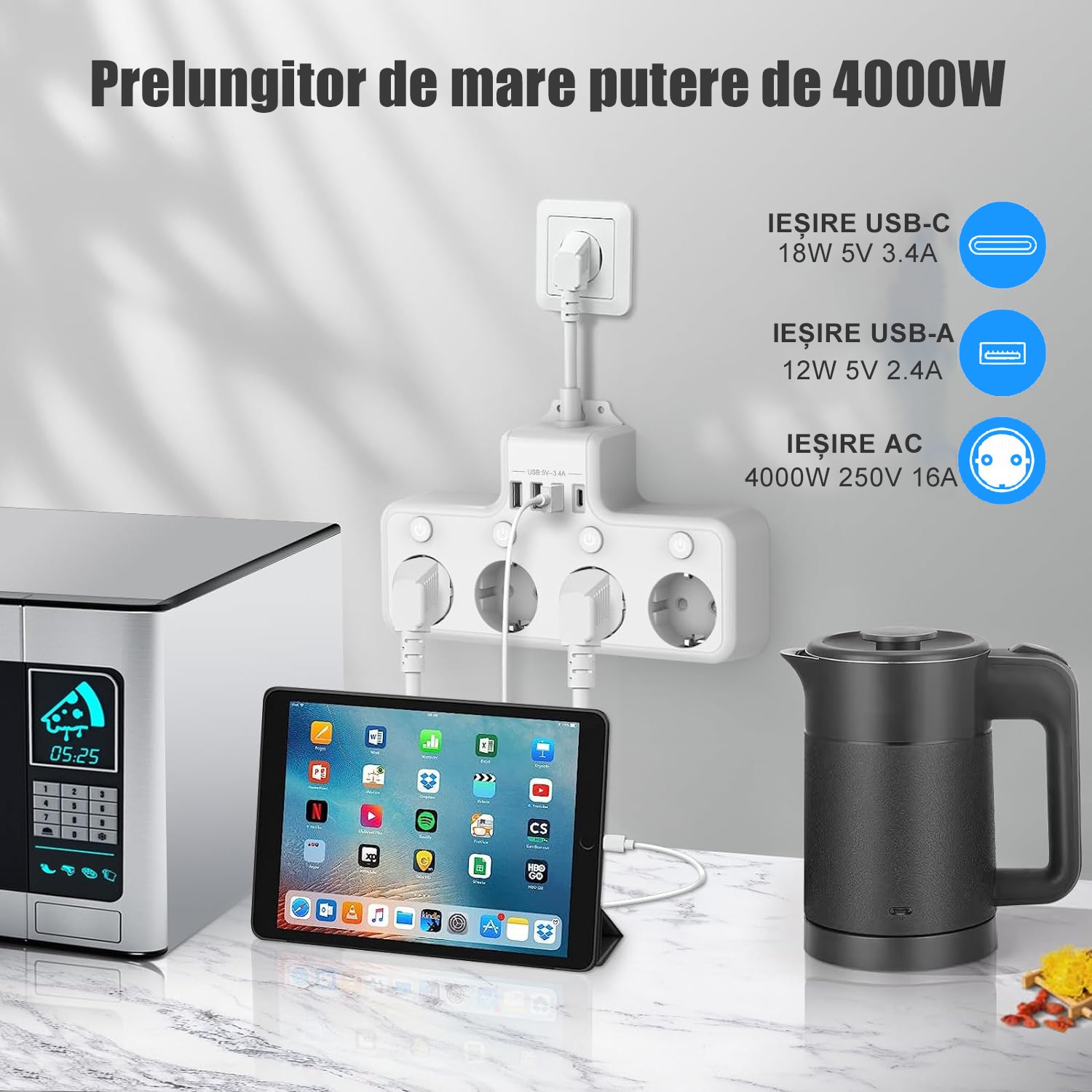 Prelungitor 4000W, 4 Prize/3 USB-A/1 USB-C, BYONDSELF®, 4 Intrerupator ...