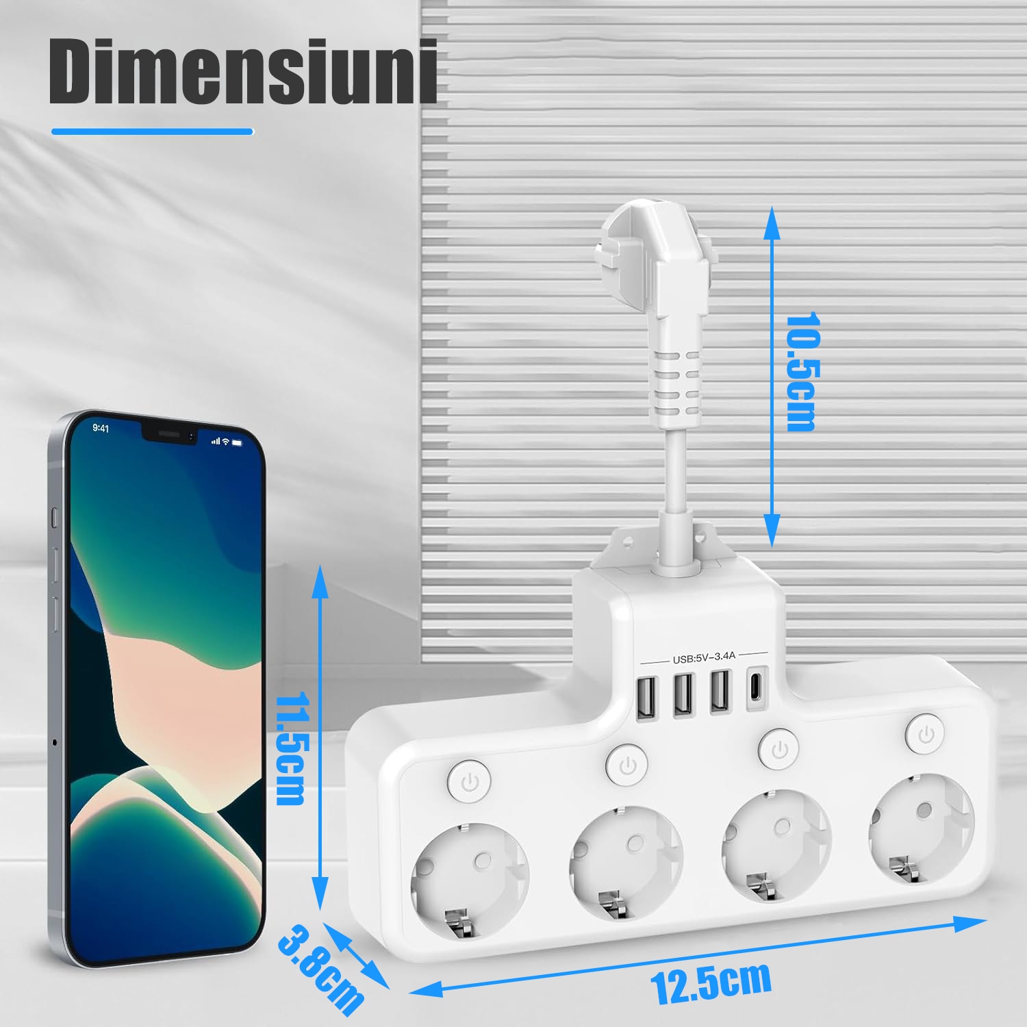 Prelungitor 4000W, 4 Prize/3 USB-A/1 USB-C, BYONDSELF®, 4 Intrerupator ...