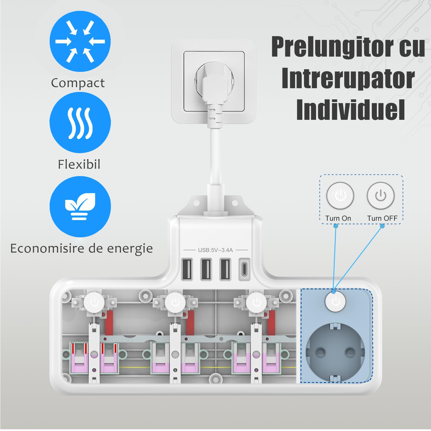 Prelungitor 4000W, 4 Prize/3 USB-A/1 USB-C, BYONDSELF®, 4 Intrerupator ...