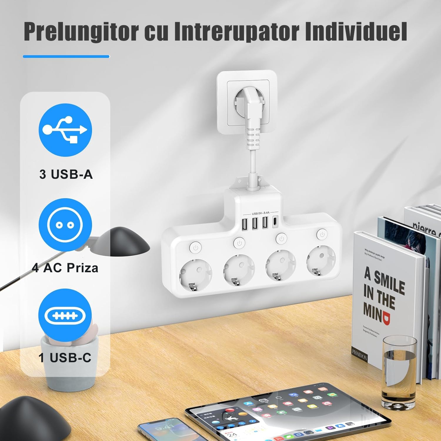 Prelungitor 4000W, 4 Prize/3 USB-A/1 USB-C, BYONDSELF®, 4 Intrerupator ...