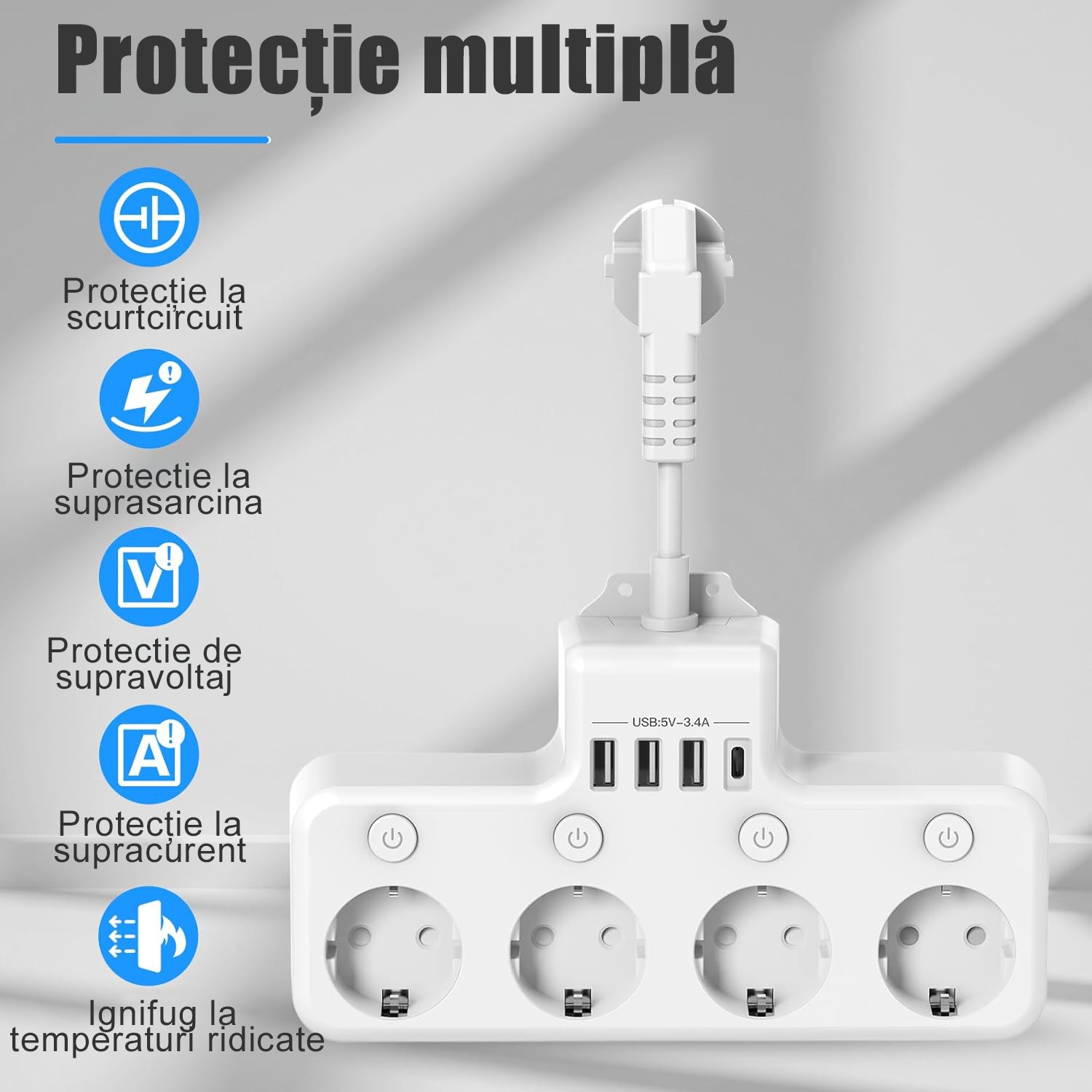 Prelungitor 4000W, 4 Prize/3 USB-A/1 USB-C, BYONDSELF®, 4 Intrerupator ...