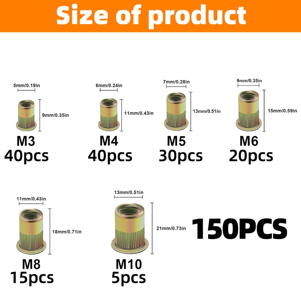 Set 150 nituri filetate, Minetgnon®, otel, M3, M4, M5, M6, M8, M10 ...